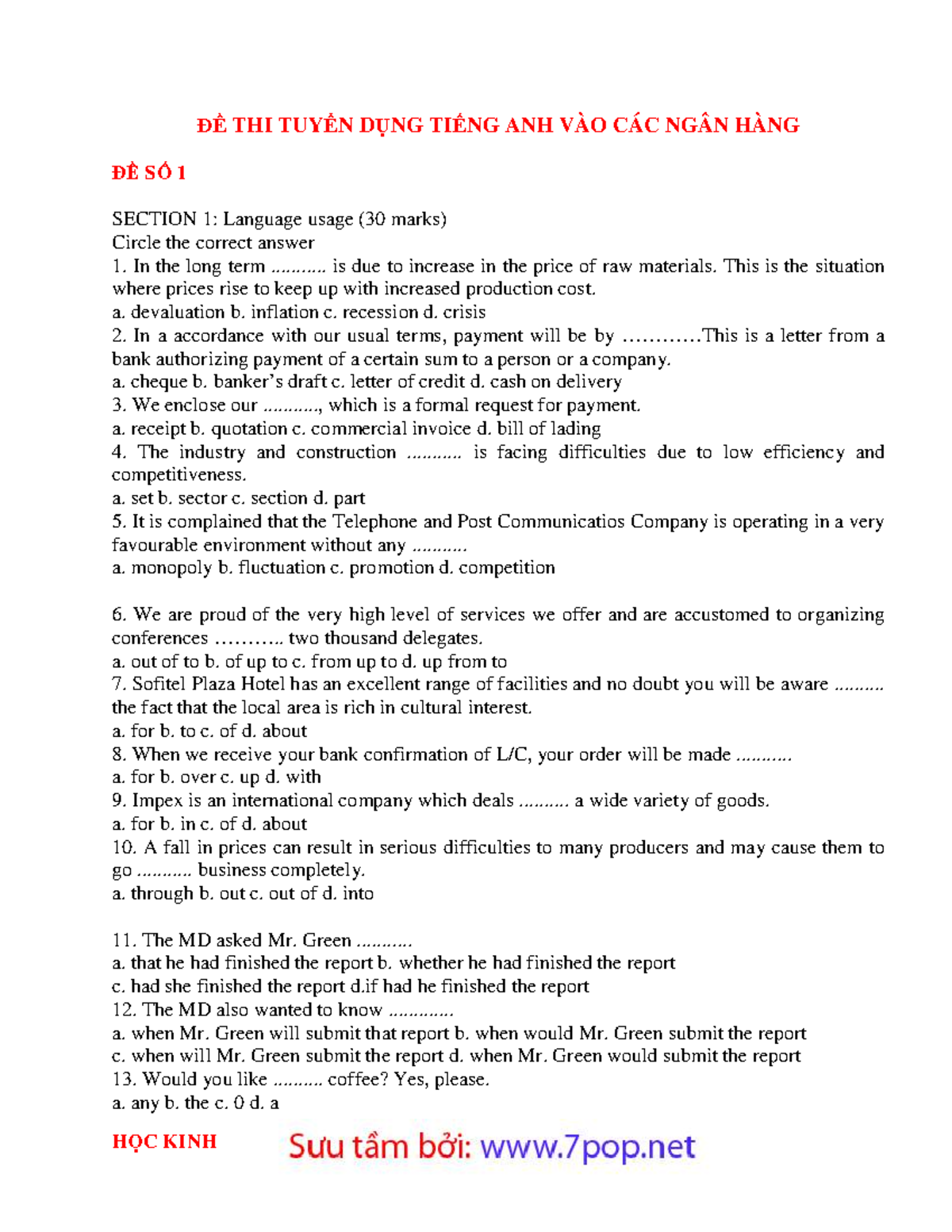 De thi tuyen dung Tieng Anh vao cac Ngan hang - THI TUY N D NG TI NG ANH VÀO CÁC NGÂN HÀNG S ...