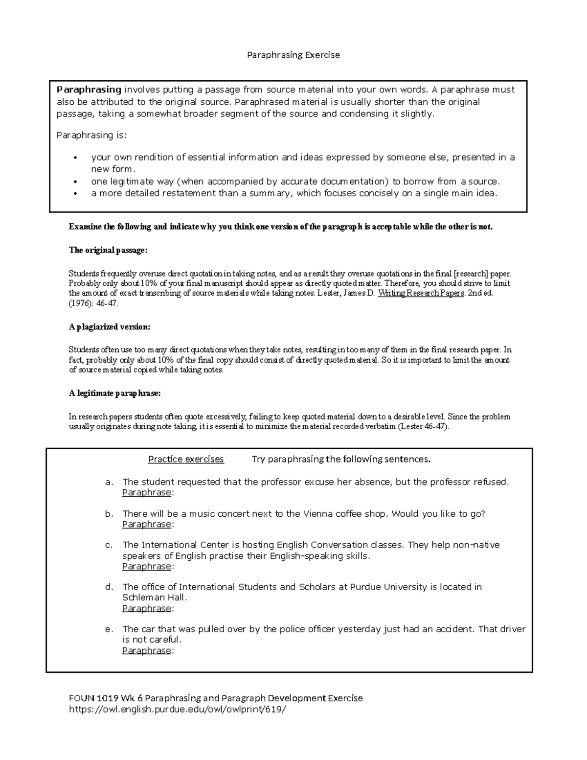 FOUN 1019 Wk 6 Paraphrasing and Paragraph Development Exercise - Studocu