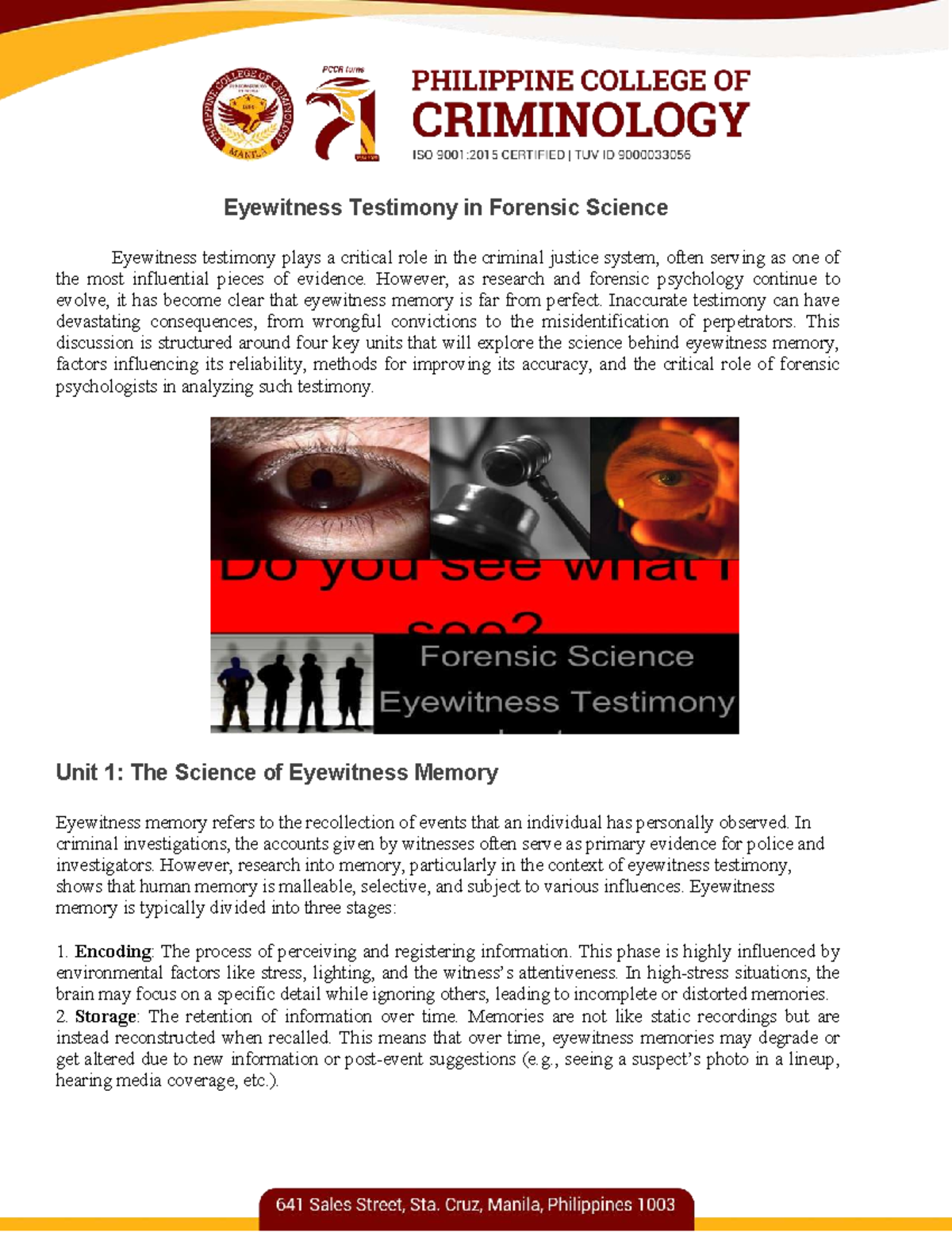 Week7 Eyewitness Testimony - Eyewitness Testimony in Forensic Science ...