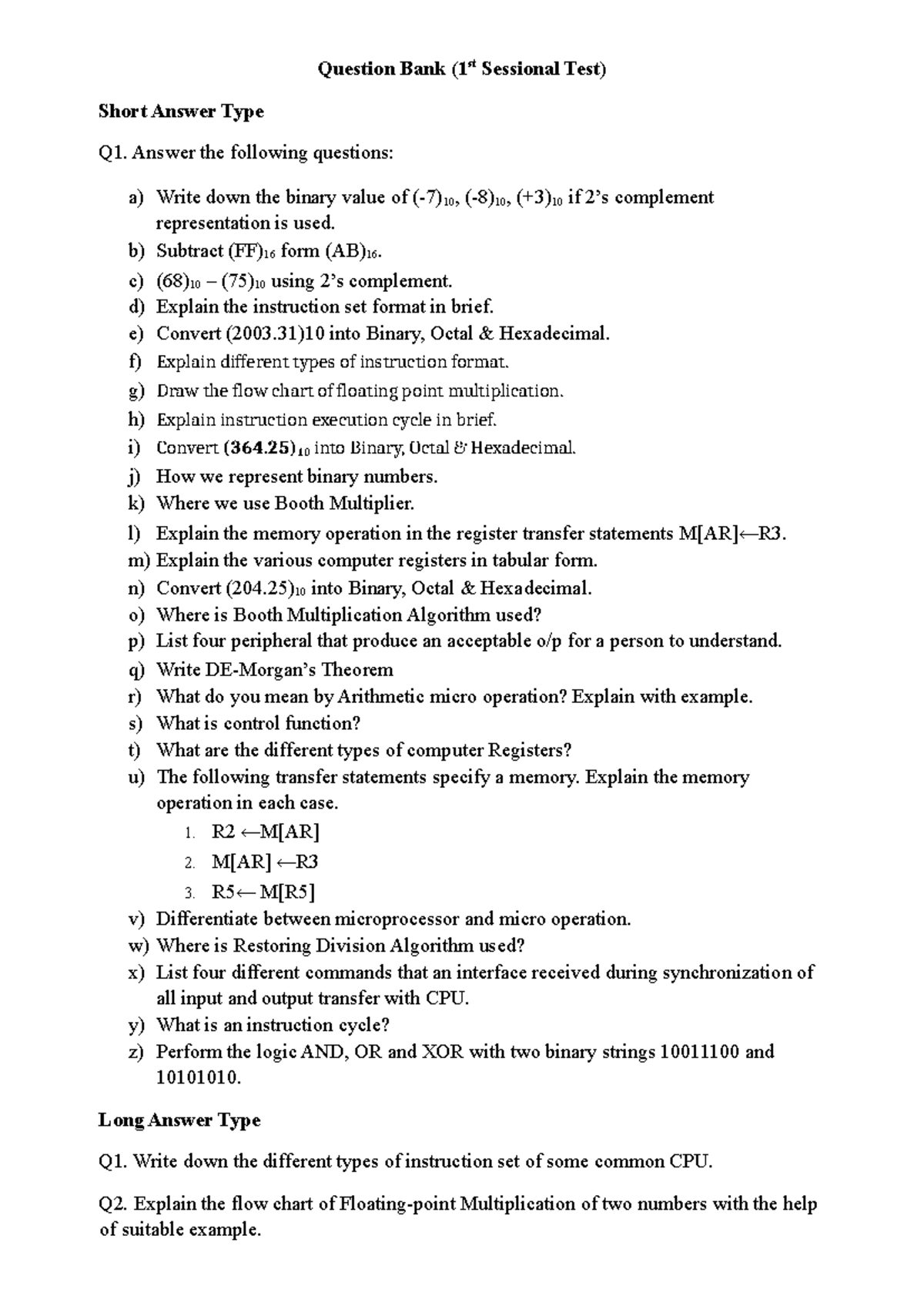 Question Bank (CSE101) - 1st Sessional Test Short Answer & Long Answer ...