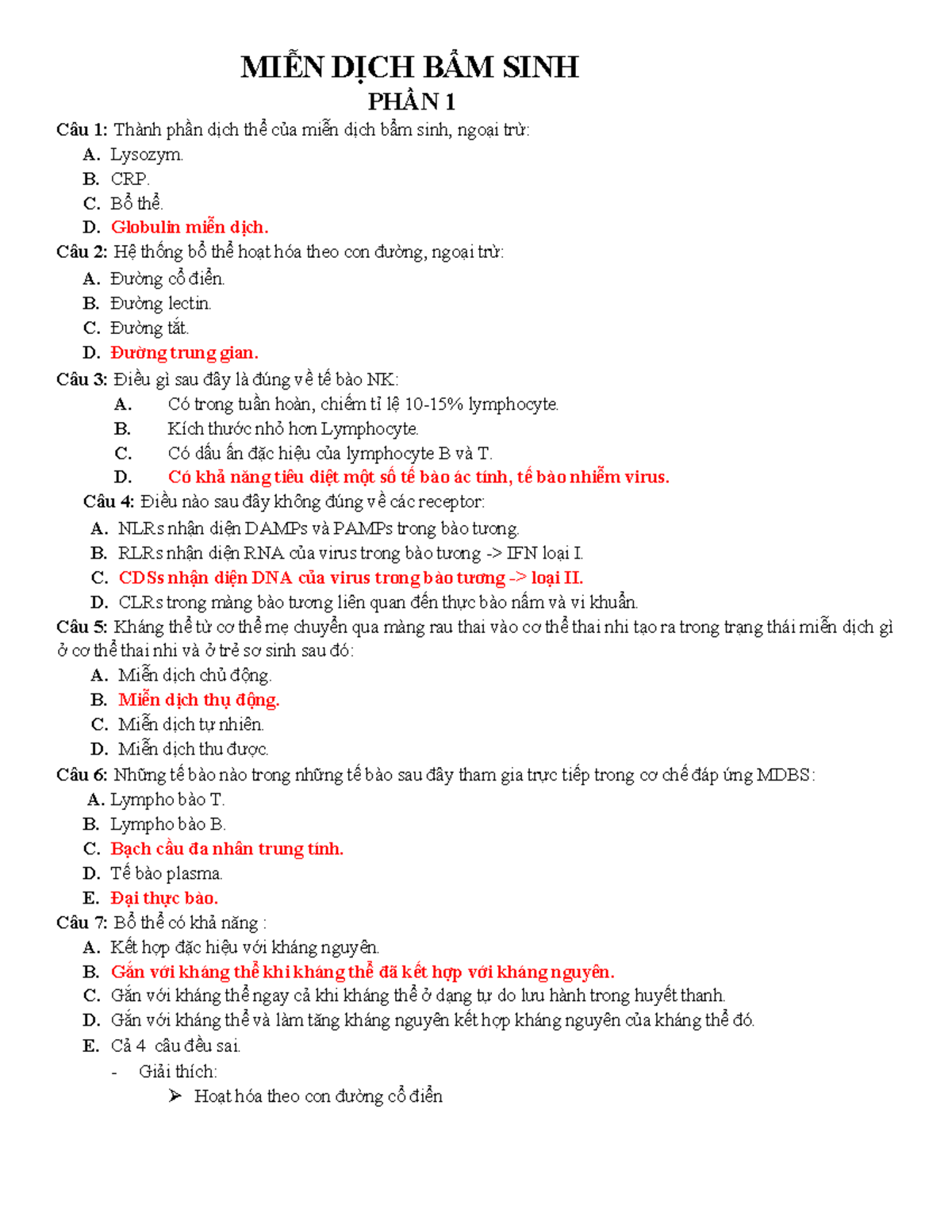 MIỄN DỊCH BẨM SINH PHẦN 1 - Trắc Nghiệm và Giải Thích - Studocu
