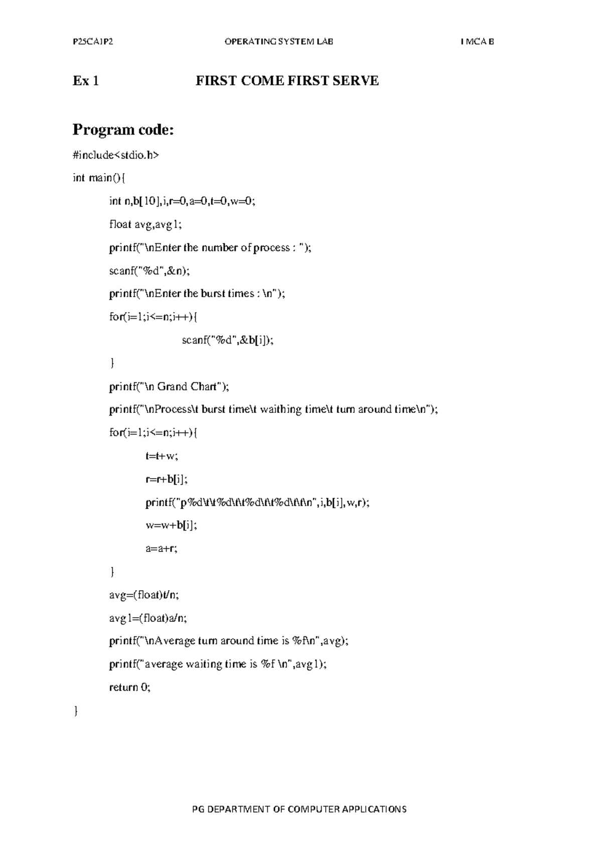 P25CA1P2 OPERATING SYSTEM LAB: FCFS & Memory Allocation Programs - Studocu