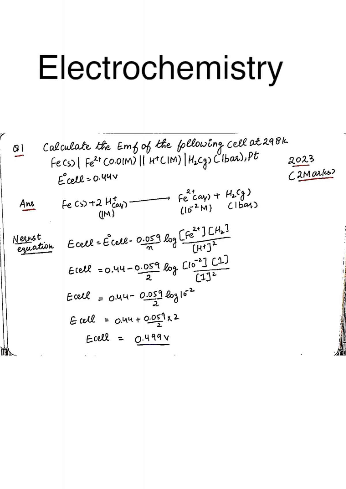 Electrochemistry 01: Important Numerical Problems and Solutions - Studocu
