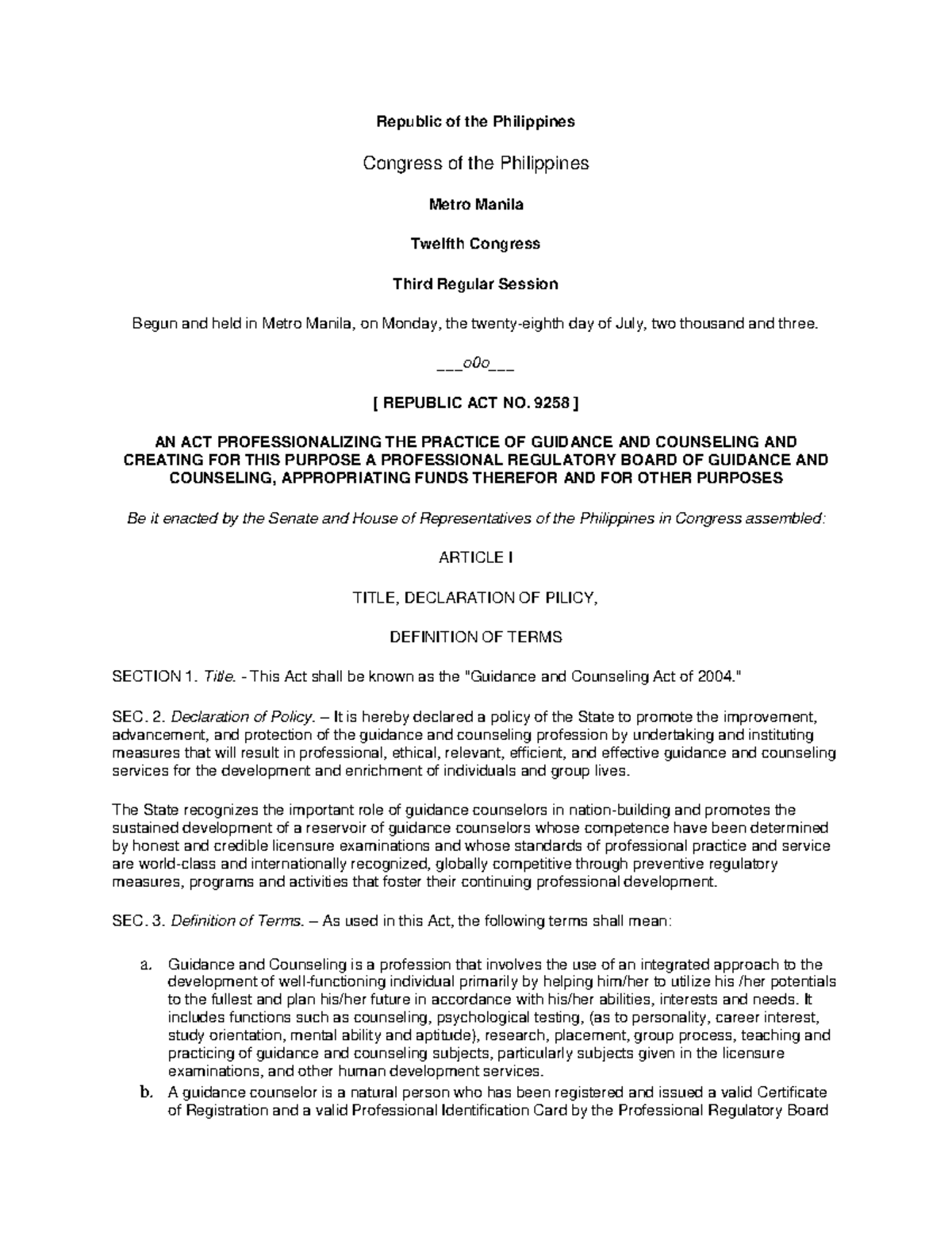 RA-9258 - Guidance and Counseling Act: Professional Standards and ...