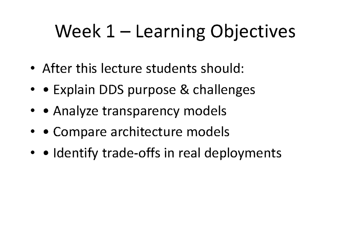 Distributed Database Systems (DDS) Week 1 Learning Objectives - Studocu