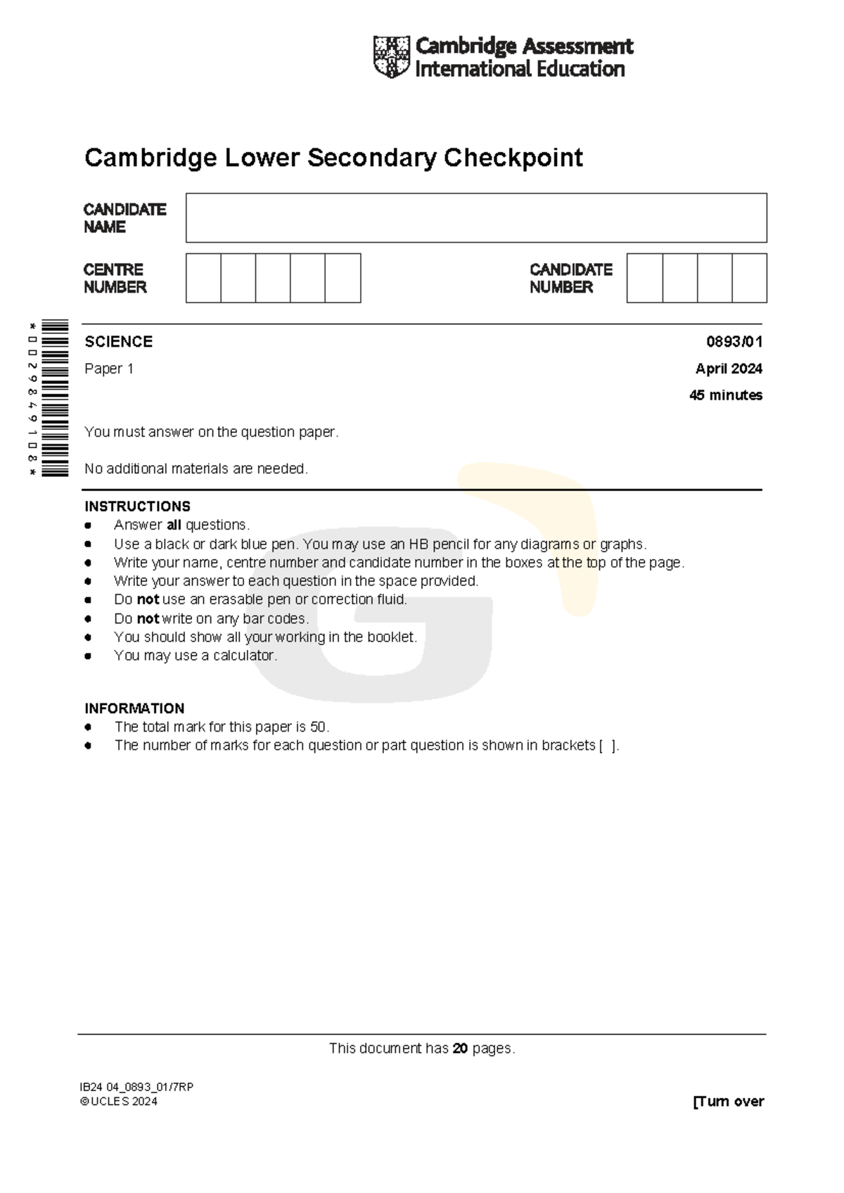 Cambridge Lower Secondary Checkpoint SCIENCE Past Paper 1 April 2024 ...