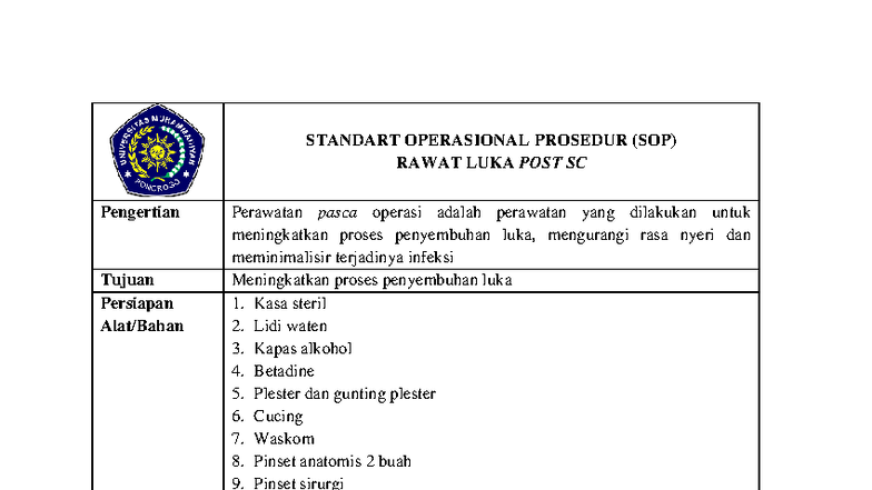 SOP Rawat Luka Pasca Operasi SC: Prosedur dan Persiapan - Studocu