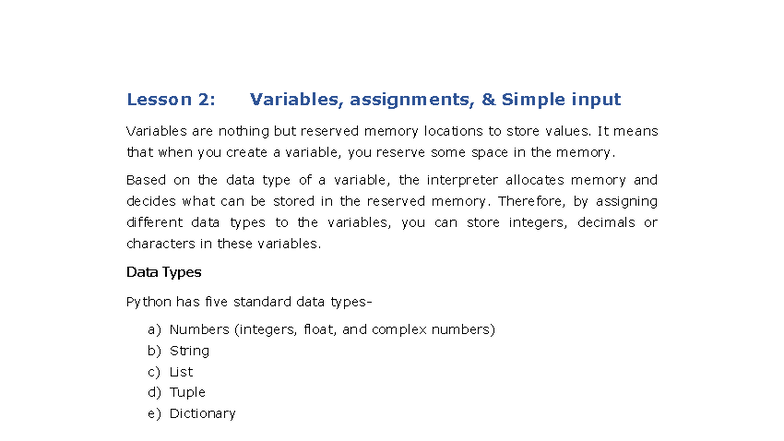 Lesson 02: Variables & Assignments in Python Programming - Studocu