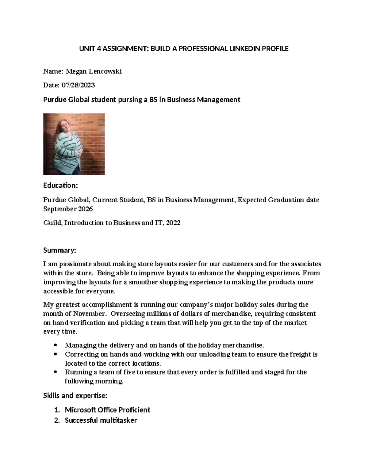 CS212 UNIT 4 ASSIGNMENT: PROFESSIONAL LINKEDIN PROFILE - Studocu