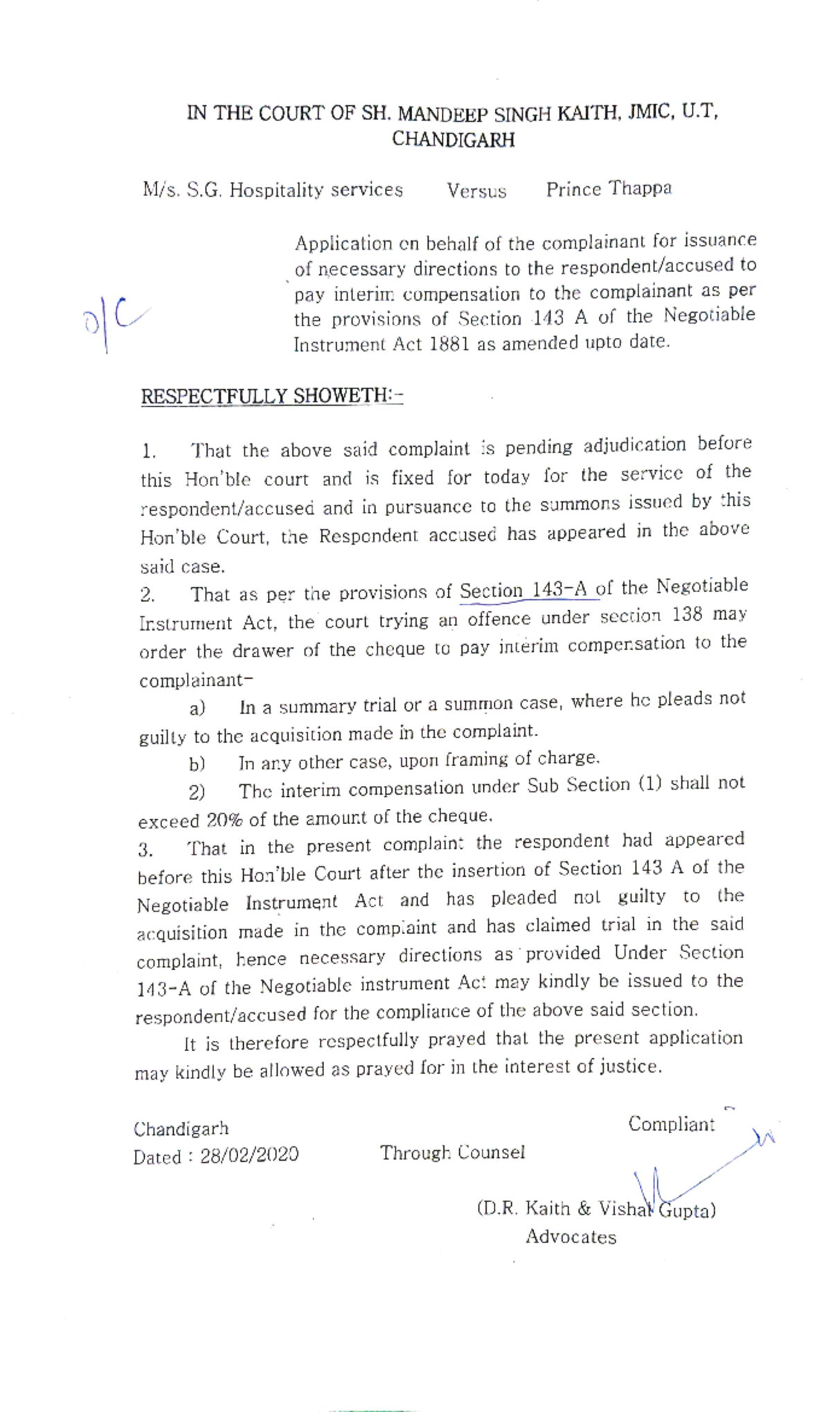 143A Application for Interim Compensation Under Negotiable Instruments Act - Studocu