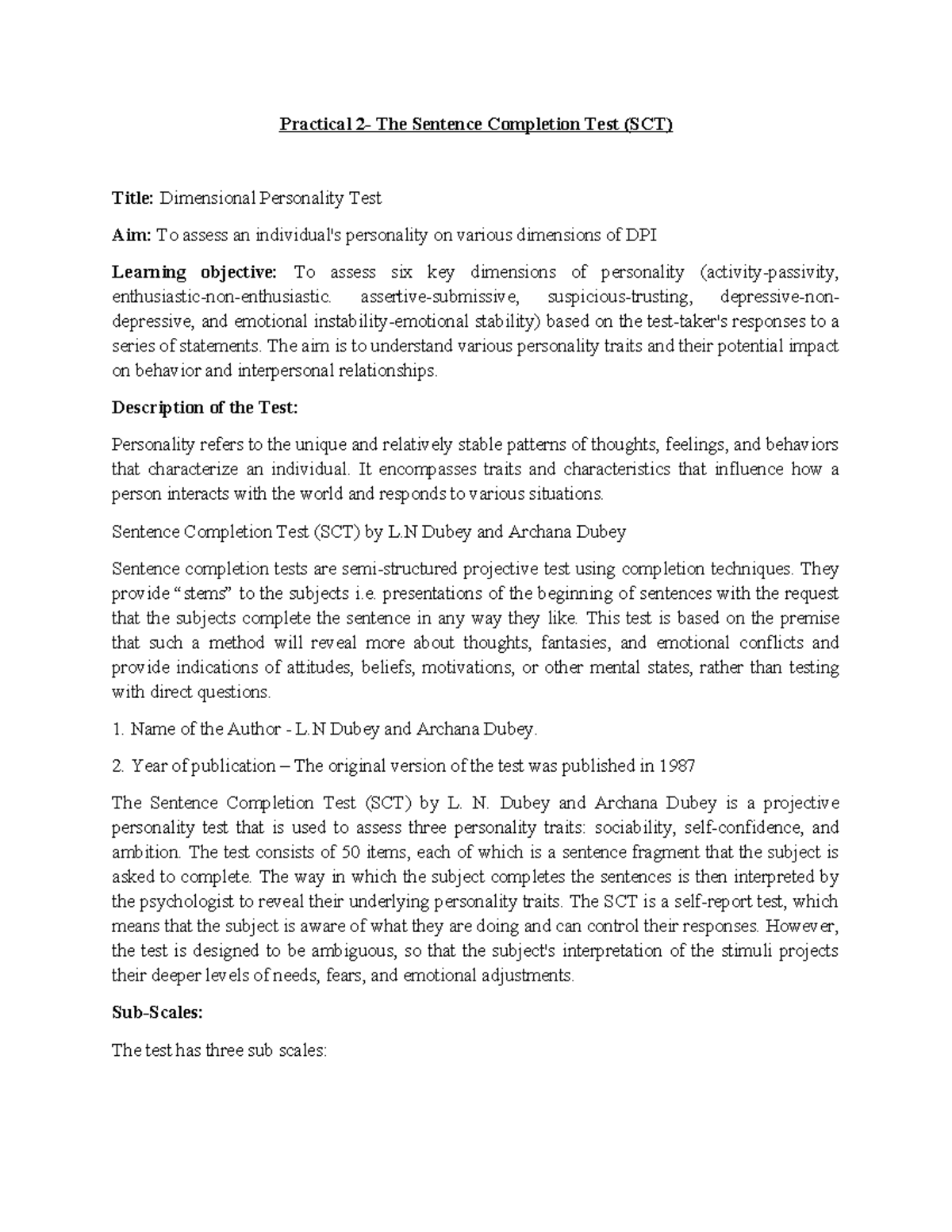 SCT-P-2 Sem-3: Personality Assessment via Sentence Completion Test ...