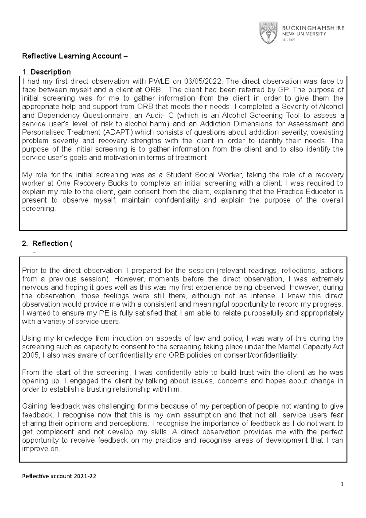 Ra2 - Reflective Account on Direct Observation in Social Work - Studocu