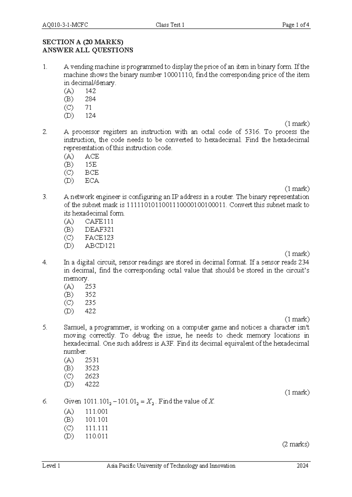 Class Test 1 Model Paper - Level 1 - Asia Pacific University 2024 - Studocu