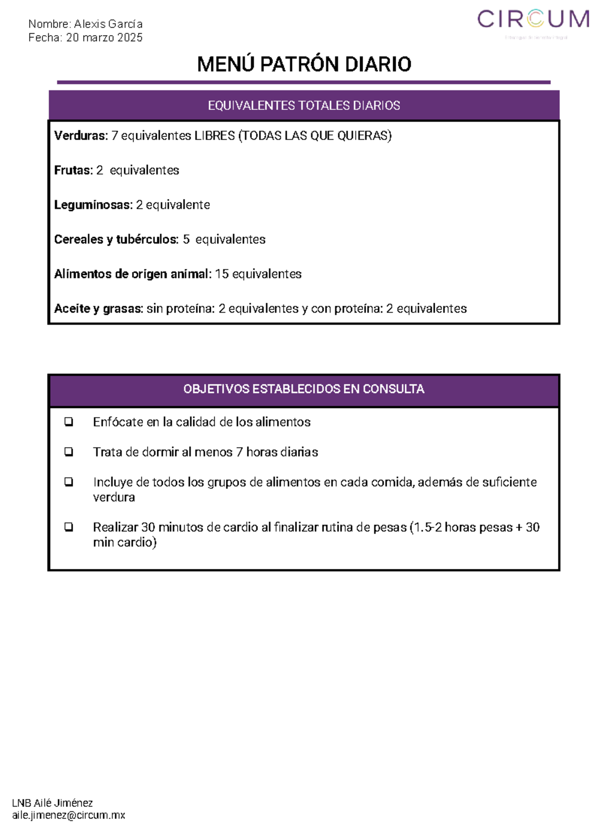 Menú Patrón Diario de Alimentación - LNB Ailé Jiménez - Studocu