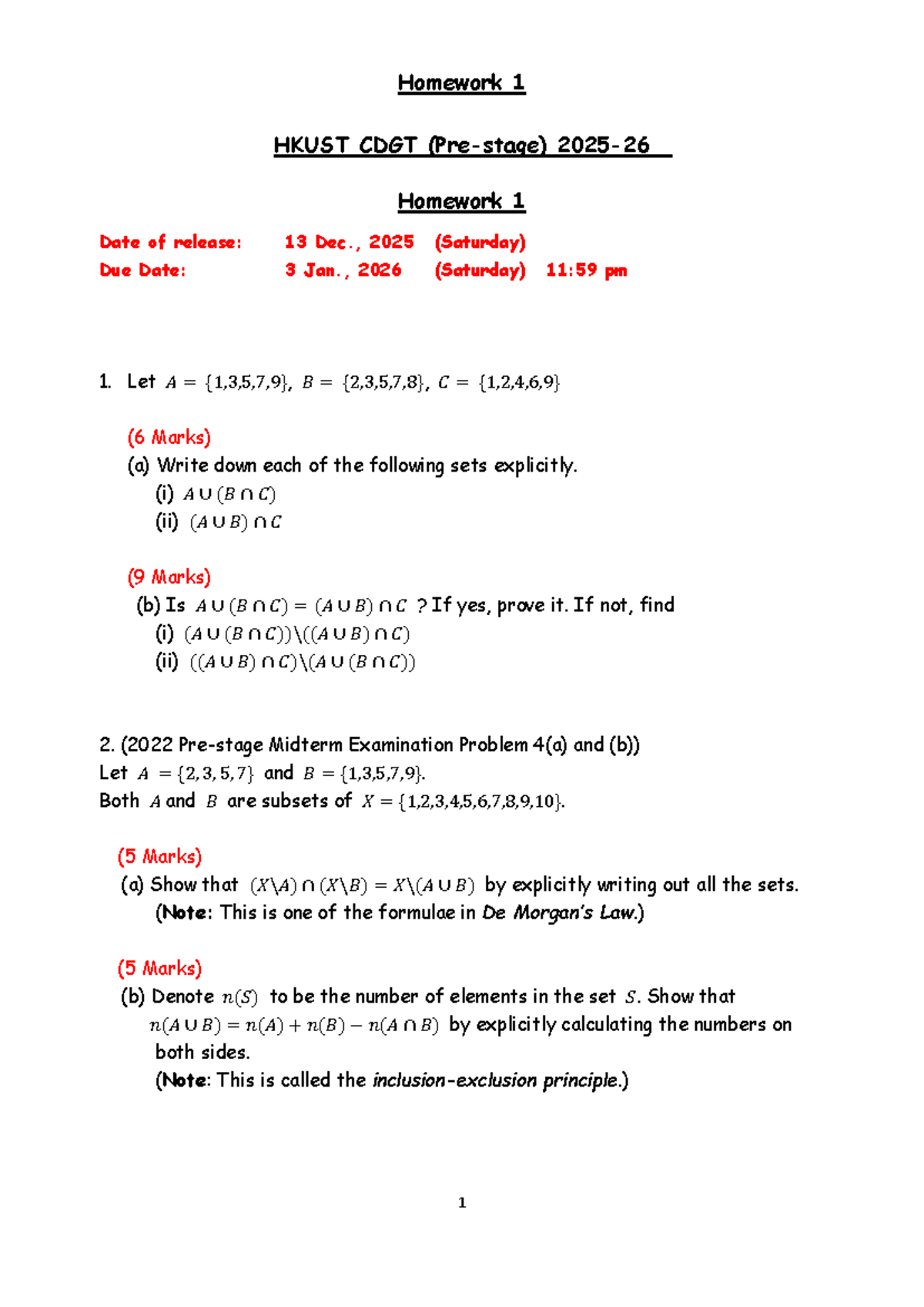 Homework 1 HKUST CDGT: Set Theory Problems and Solutions - Studocu