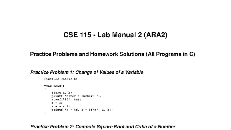 CSE 115 Lab Manual 2: Practice Problems & Homework Solutions - Studocu
