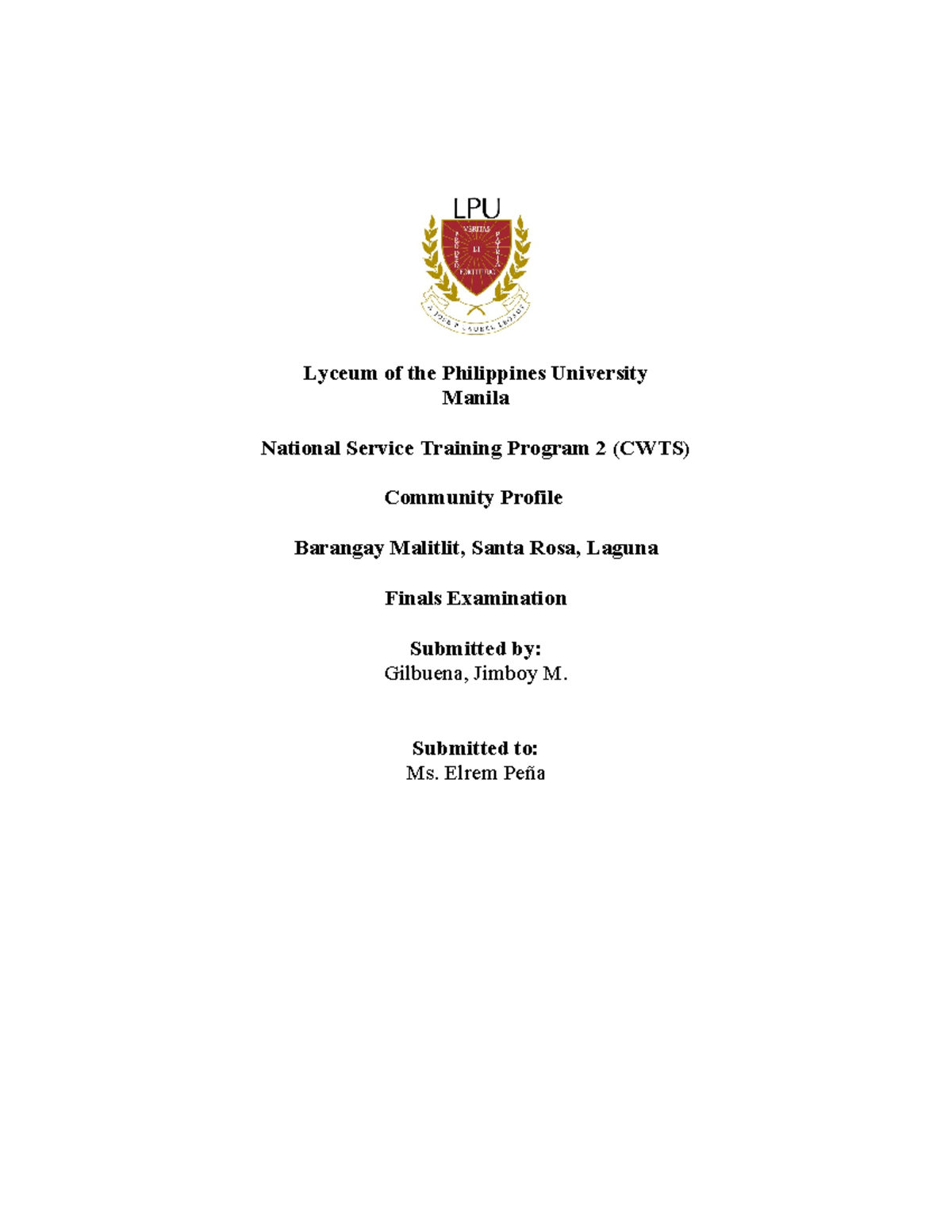 NSTP 2 - Community Profile & Analysis of Barangay Malitlit - Studocu