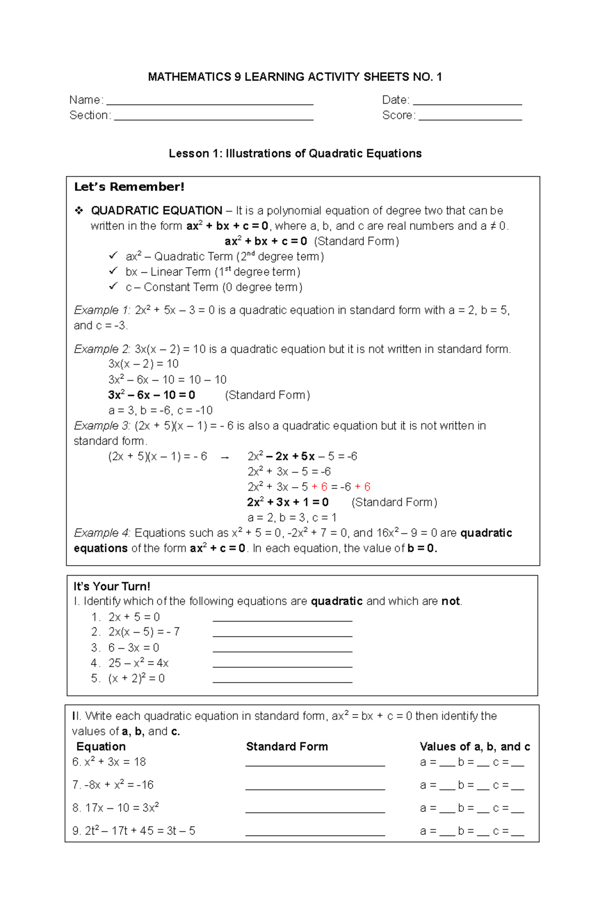 LAS 1 Lesson 1 Illustrations of Quadratic Equations - MATHEMATICS 9 ...
