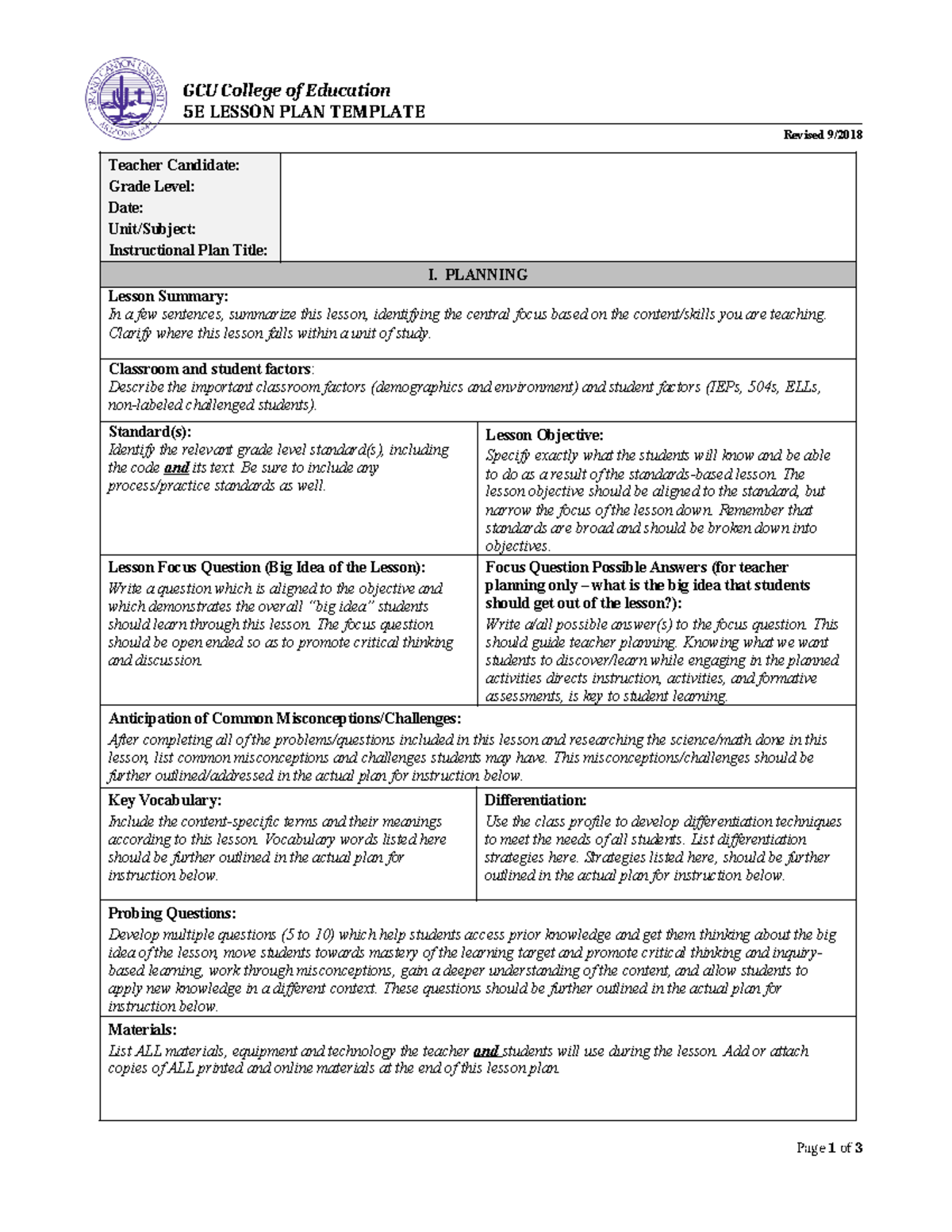 5E Lesson Plan Template for GCU Education - Revised 9/ - Studocu