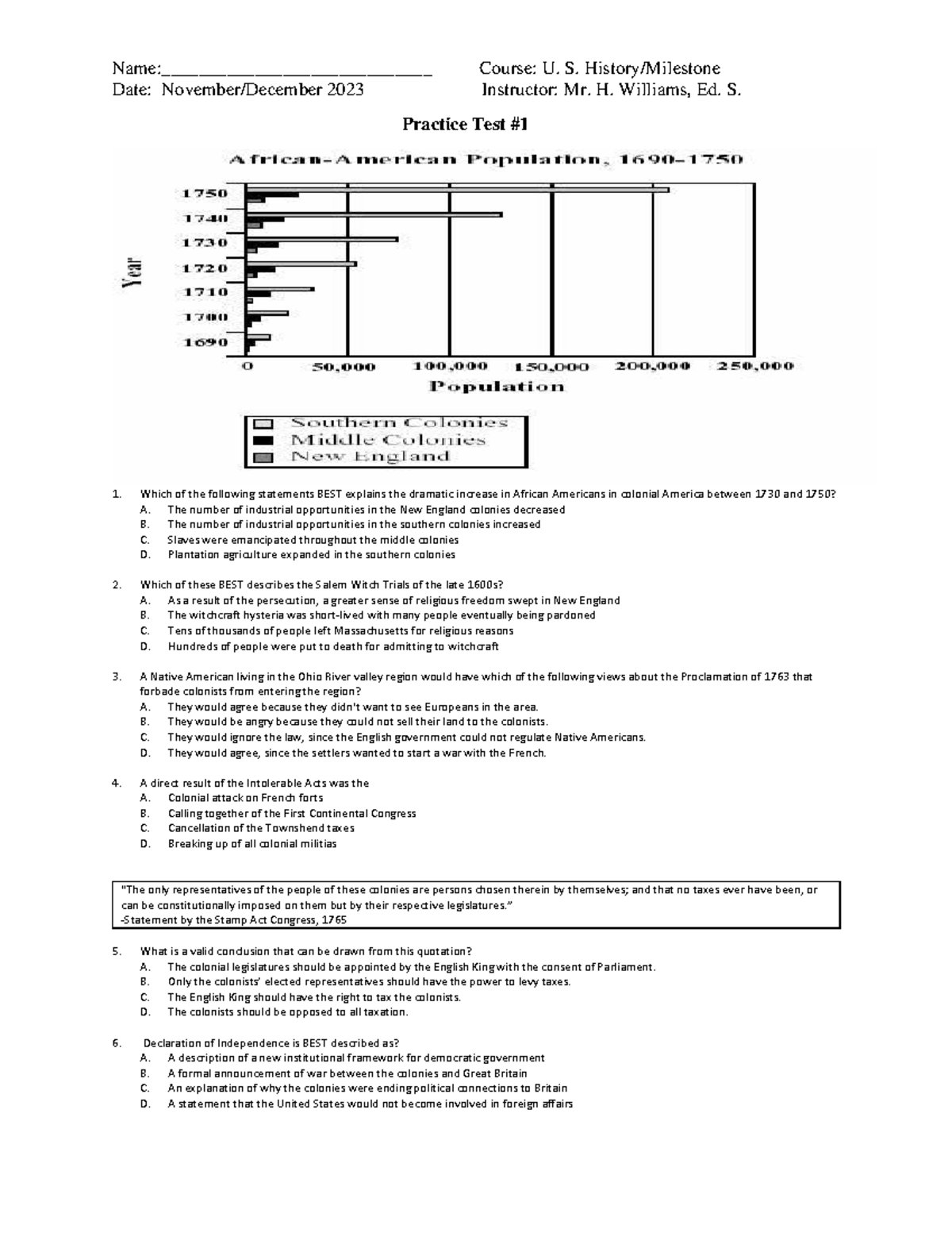 Georgia Milestone Review Practice Test #1 - Date: November/December ...