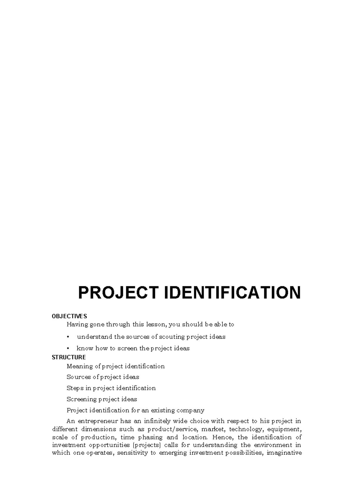 Project Identification for Entrepreneurs: Sources and Steps - Studocu