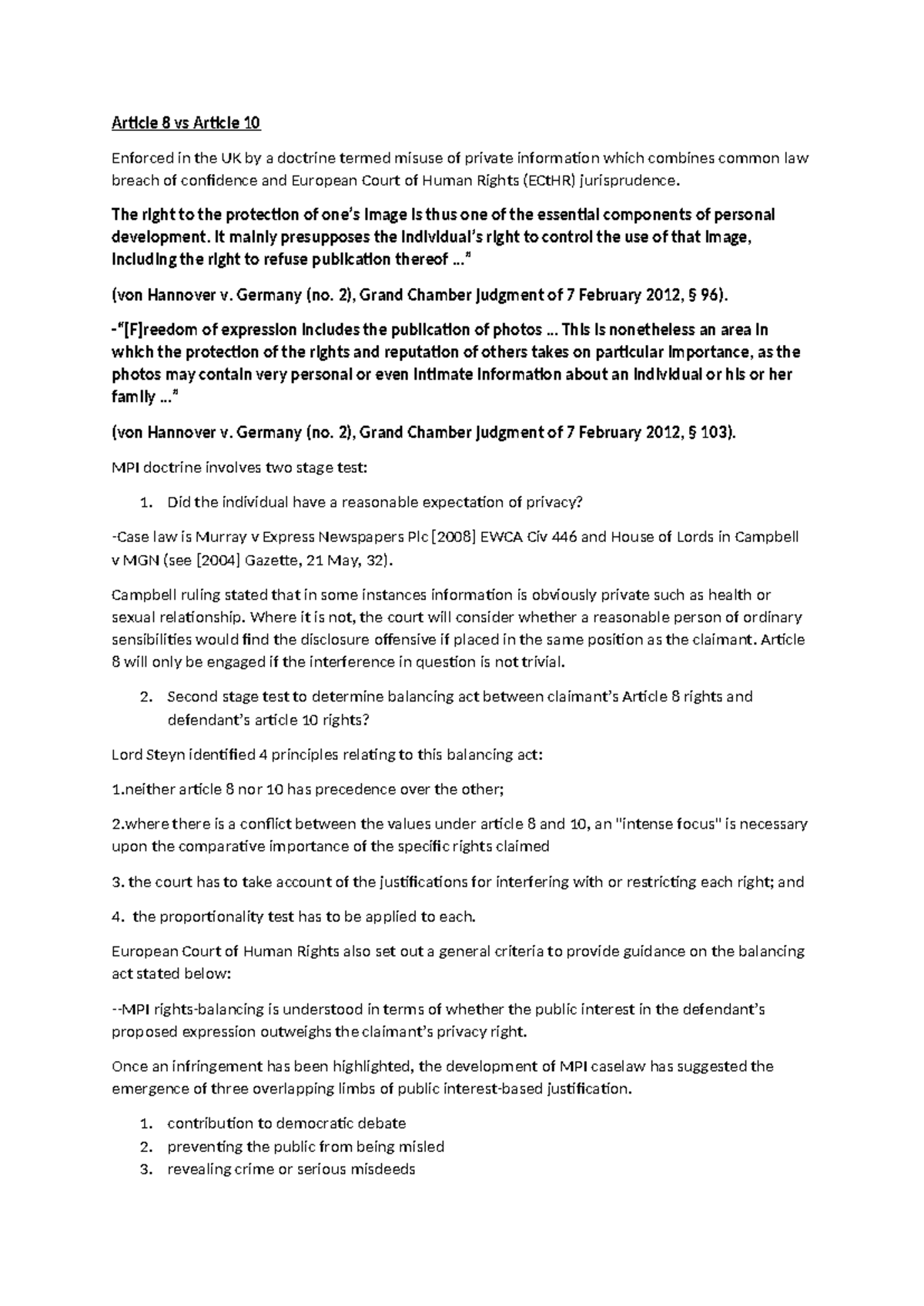 Public Law: Article 8 vs Article 10 Analysis & Summary - Studocu
