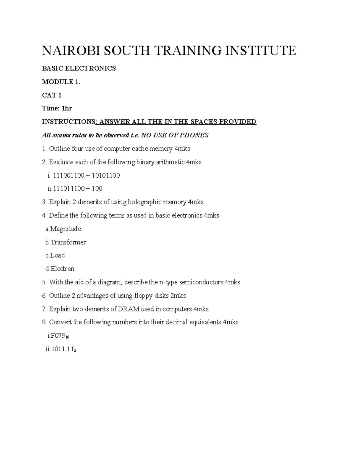 NAIROBI SOUTH TRAINING INSTITUTE BASIC ELECTRONICS MODULE 1 CAT 1 ...