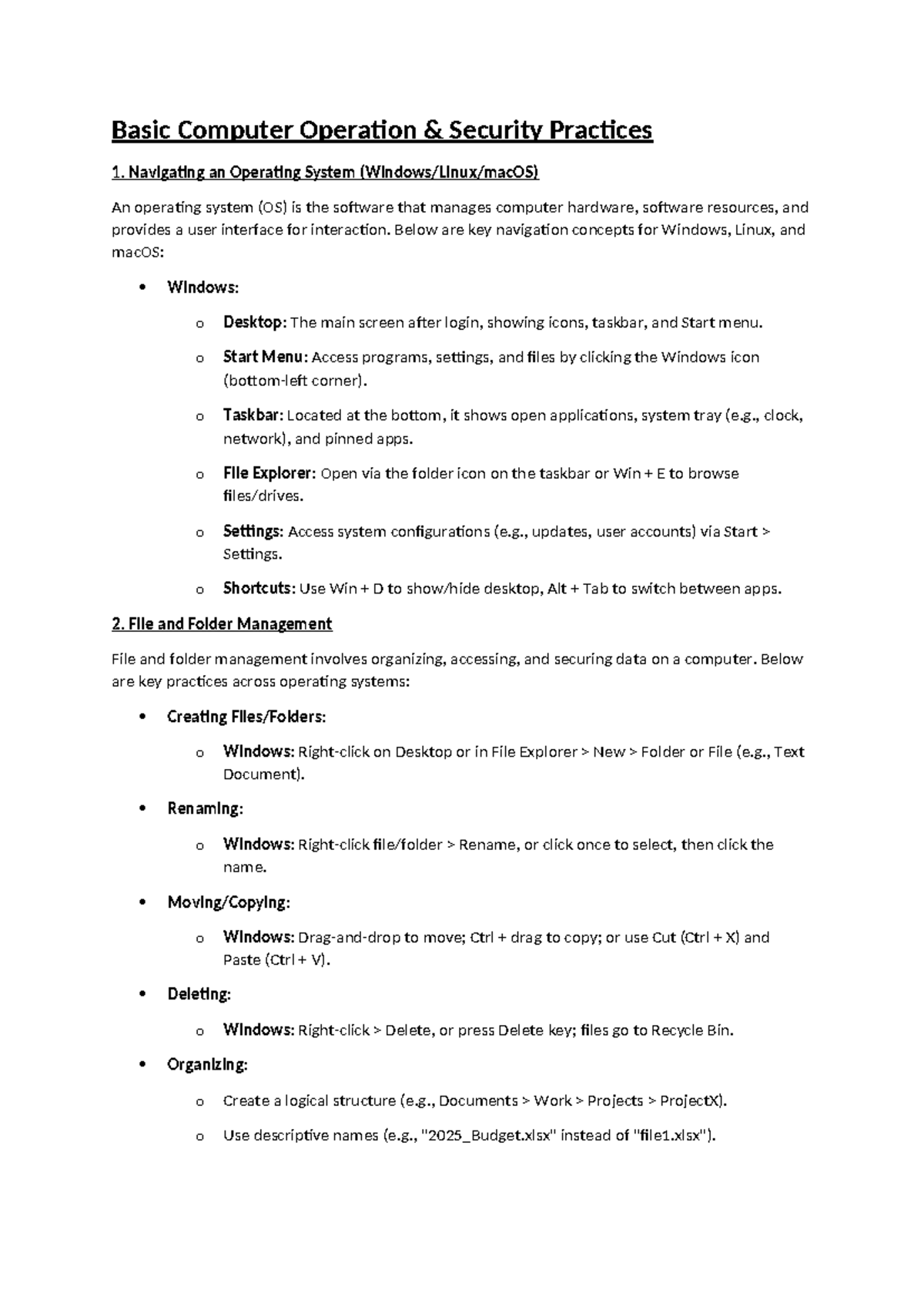 Basic Computer Operation & Security Practices: OS Navigation Guide ...
