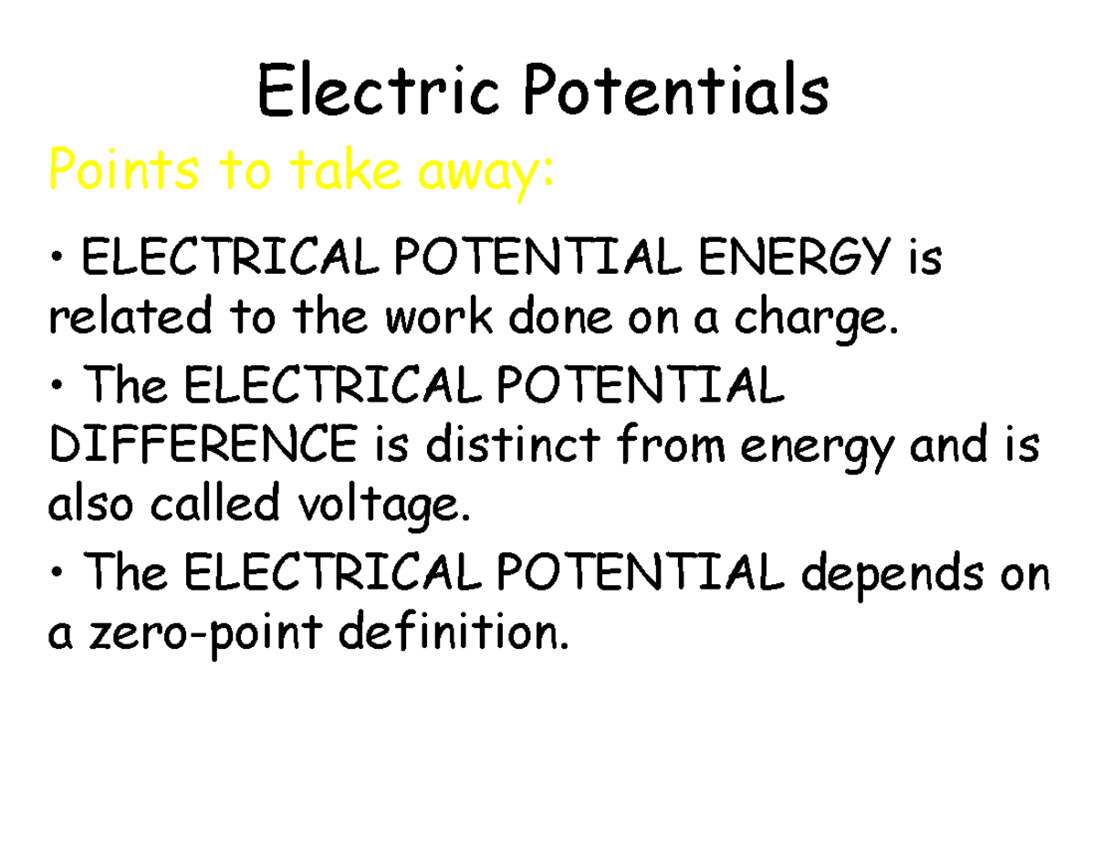 Electric Potentials & Work: Lecture 4 Overview - Studocu