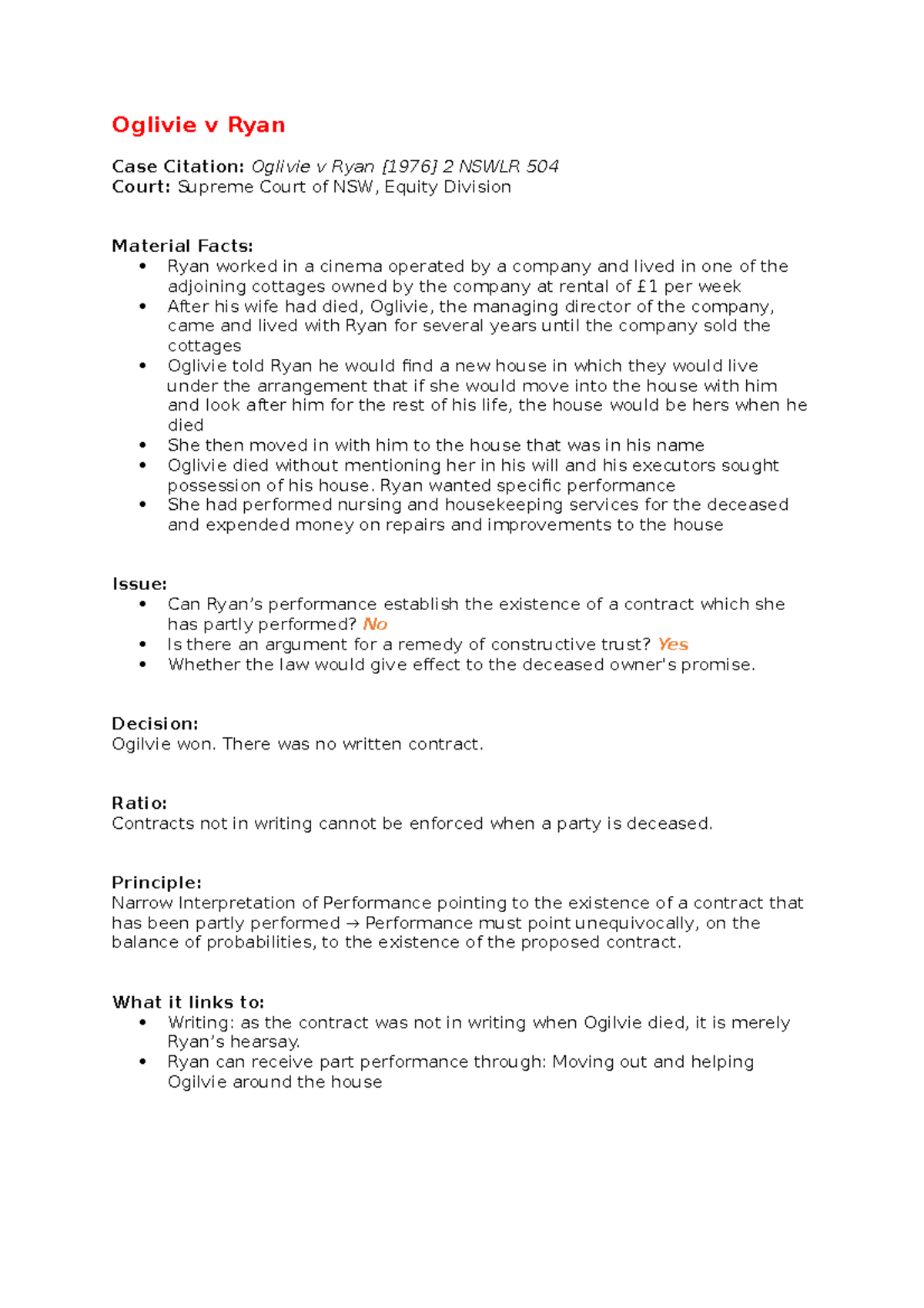 Oglivie v Ryan [1976] Case Summary: Key Legal Principles Explained ...