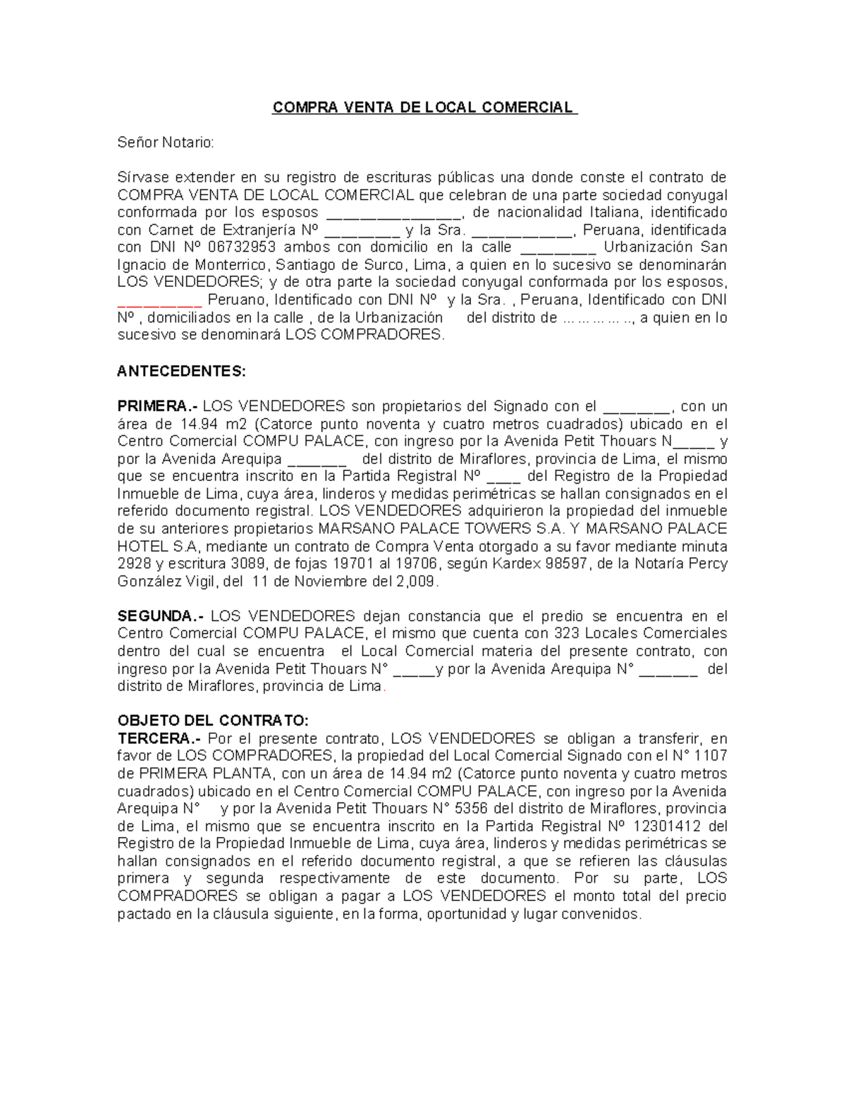 Modelo de Minuta de Compra Venta de Local Comercial - Perú - Studocu