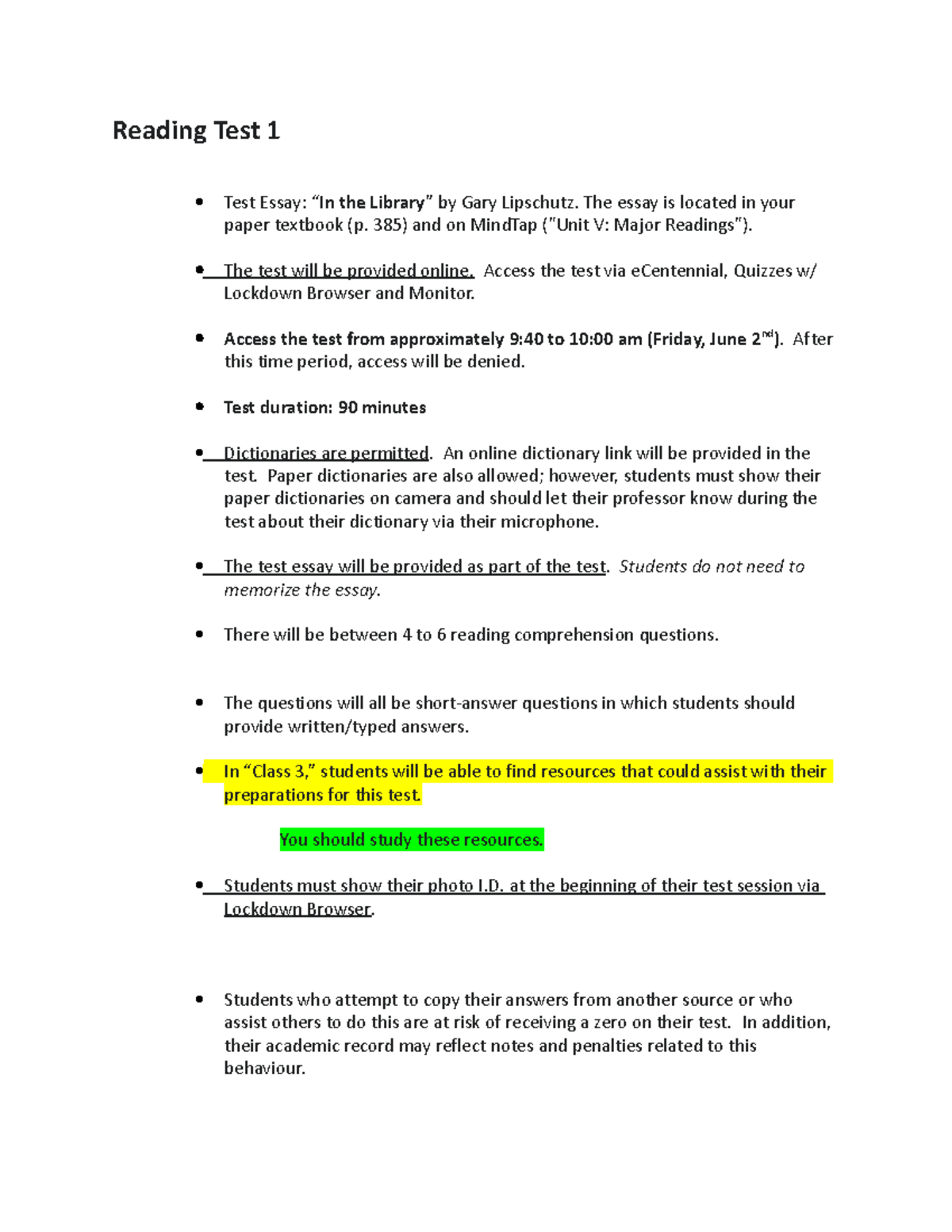 Reading Test 1 Notes for COMM 161-014 - Reading Test 1 Test Essay: “In ...
