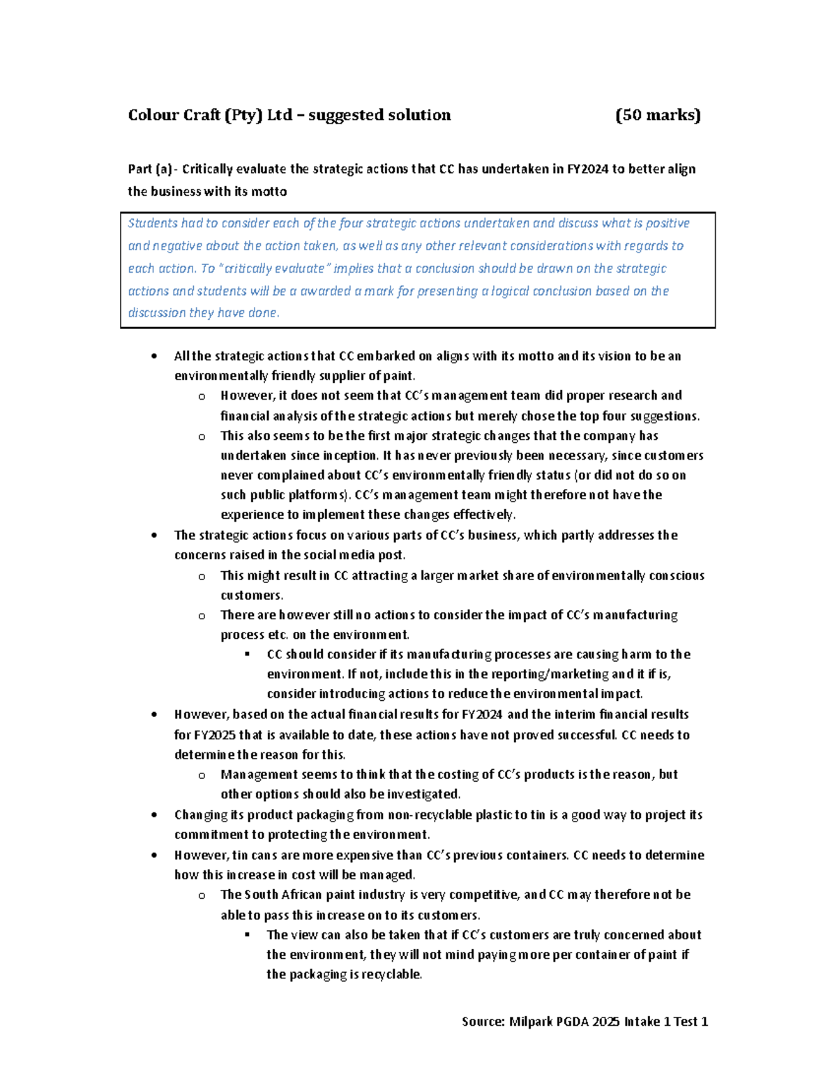 Strategic Evaluation of Colour Craft (Pty) Ltd Actions - PGDA 2025 Test ...