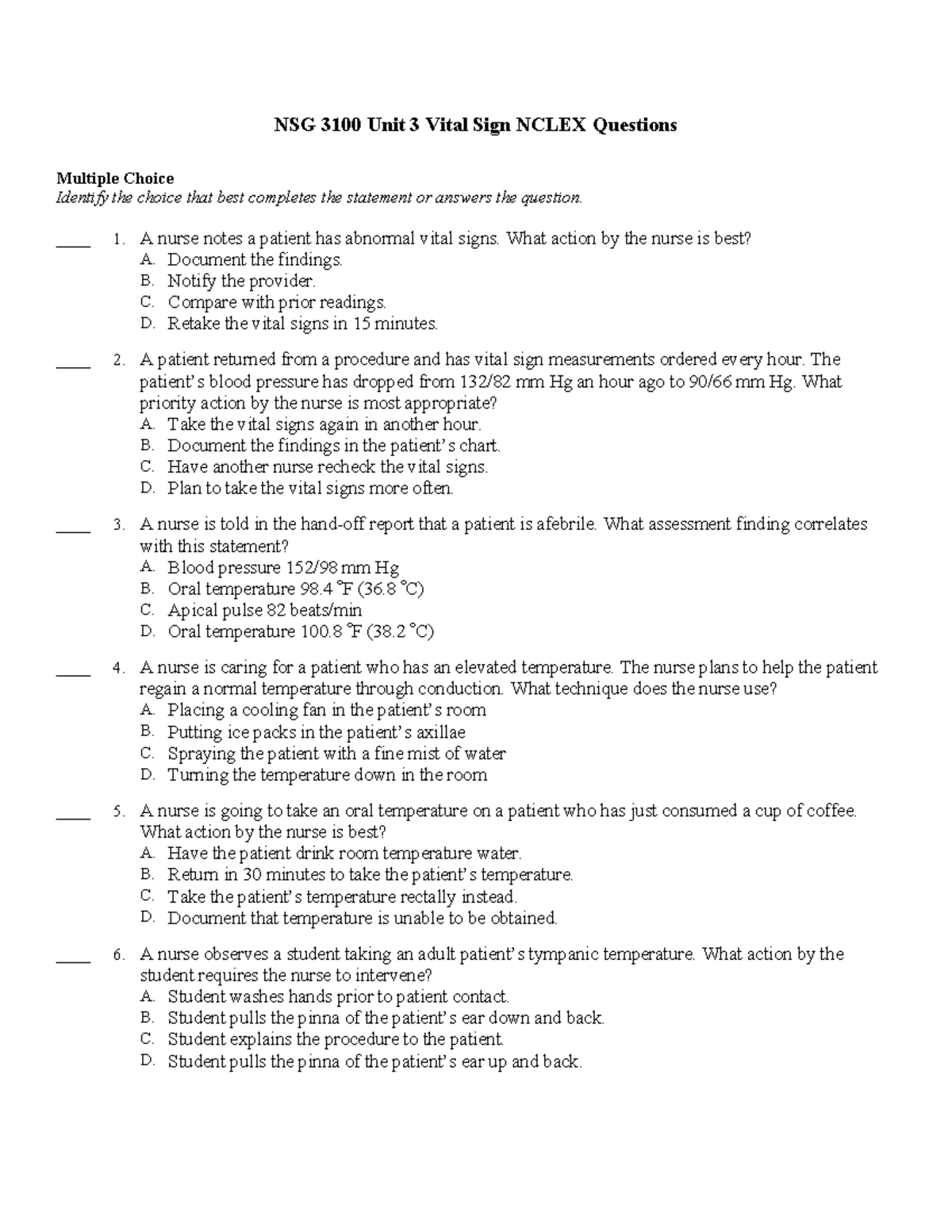 NSG 3100 Unit 3 Vital Signs NCLEX Practice Questions and Answers - Studocu