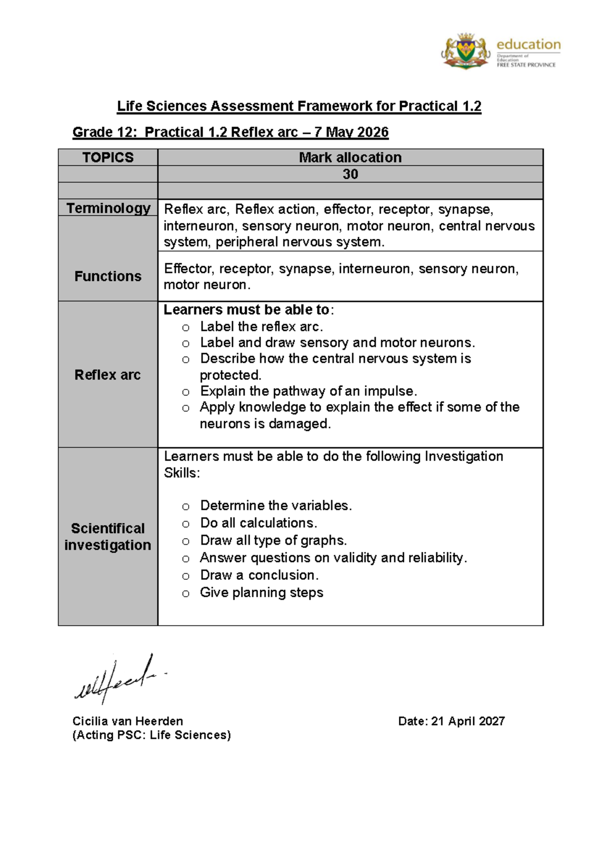 Life Sciences GR 12 Practical 1.2 Assessment Framework - May 2026 - Studocu