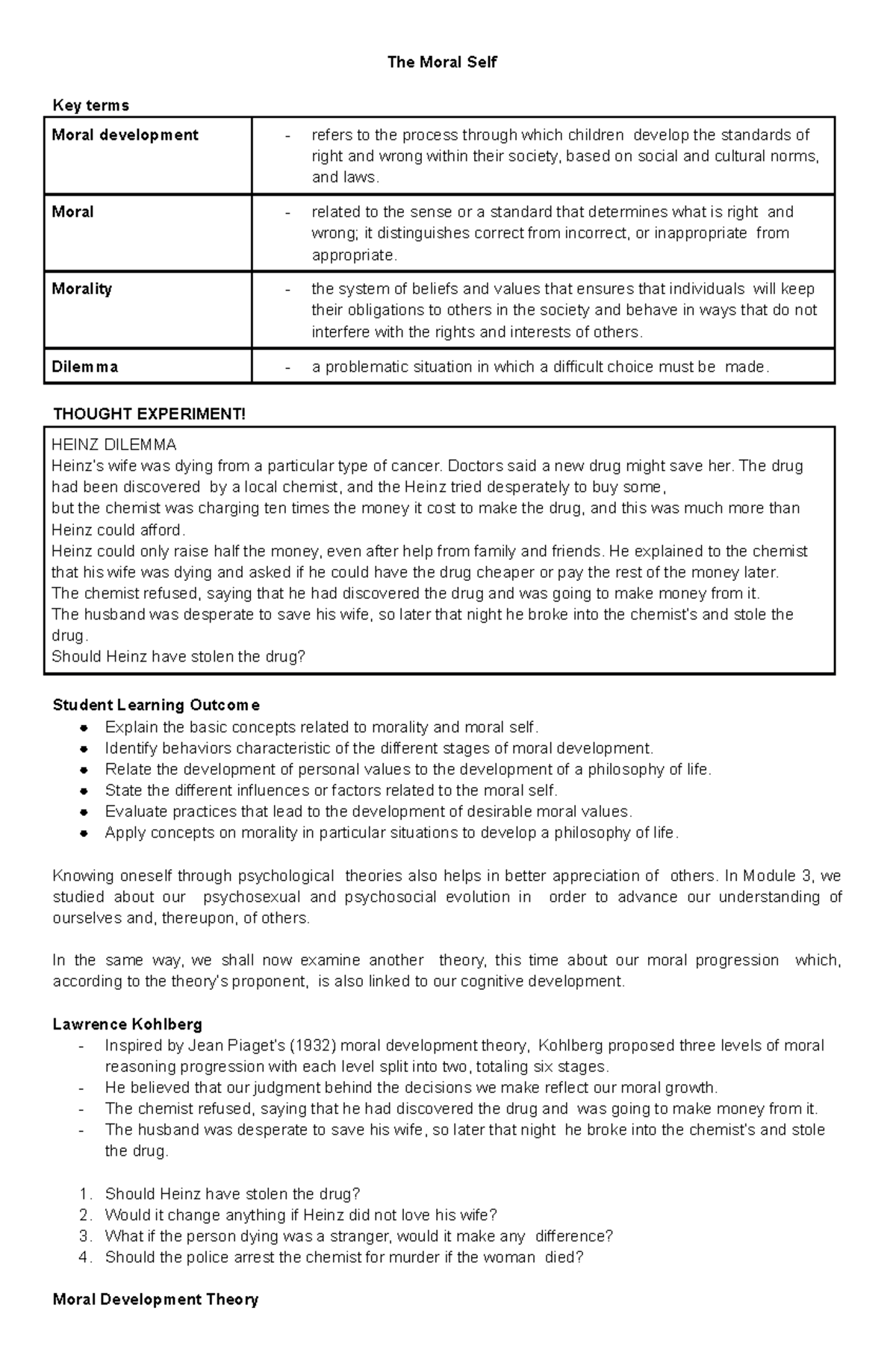 Module 10: Understanding the Moral Self and Development Theory - Studocu