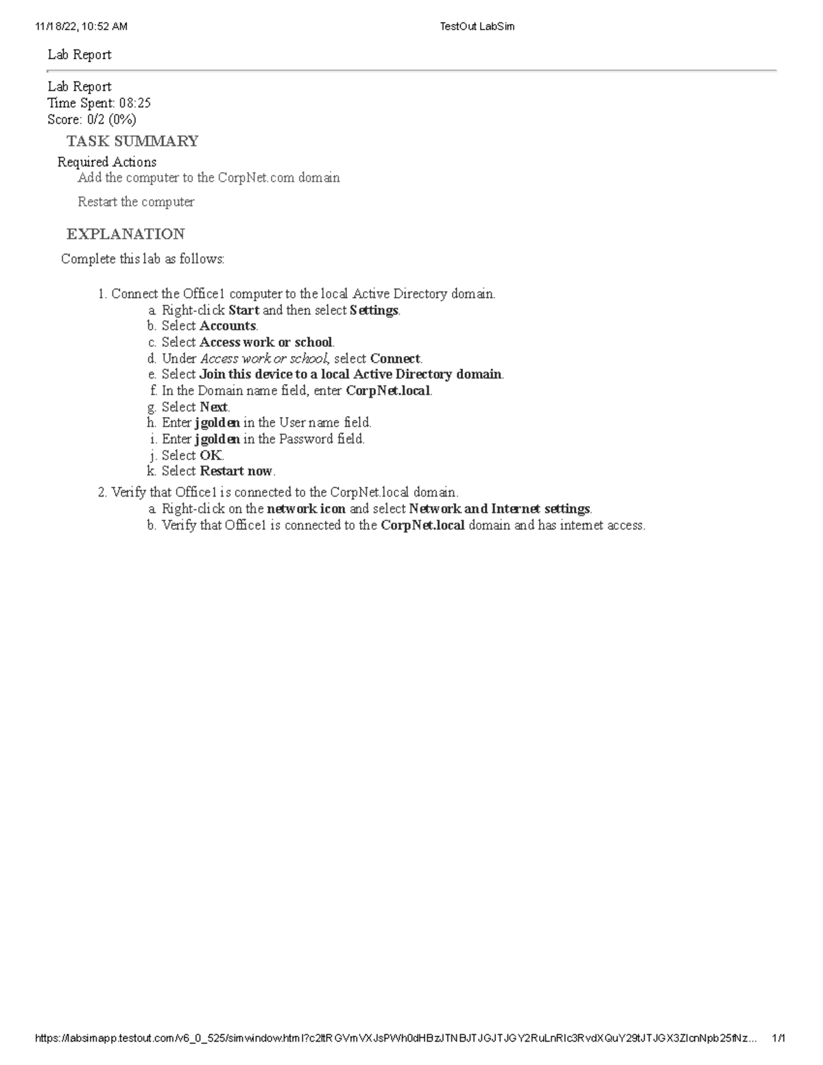 8.1.4 Test Out Lab Sim - testout help - 11/18/22, 10:52 AM TestOut ...