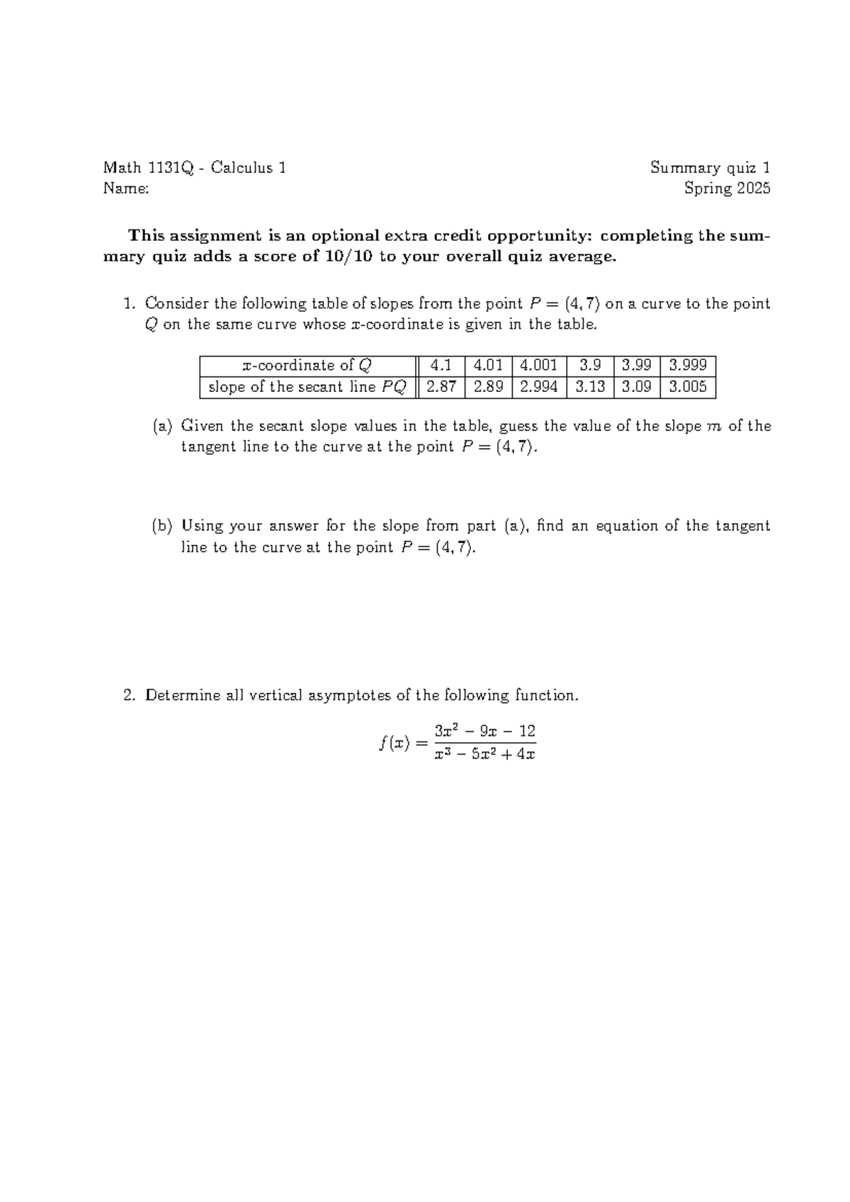 Math 1131Q Calculus 1: Summary Quiz 1 Review Spring 2025 - Studocu