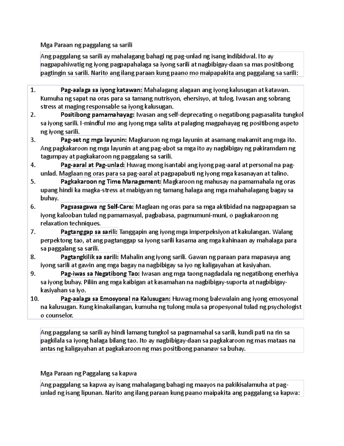 Baitang-1 - Mga Paraan ng Paggalang sa Sarili at Kapwa - Studocu