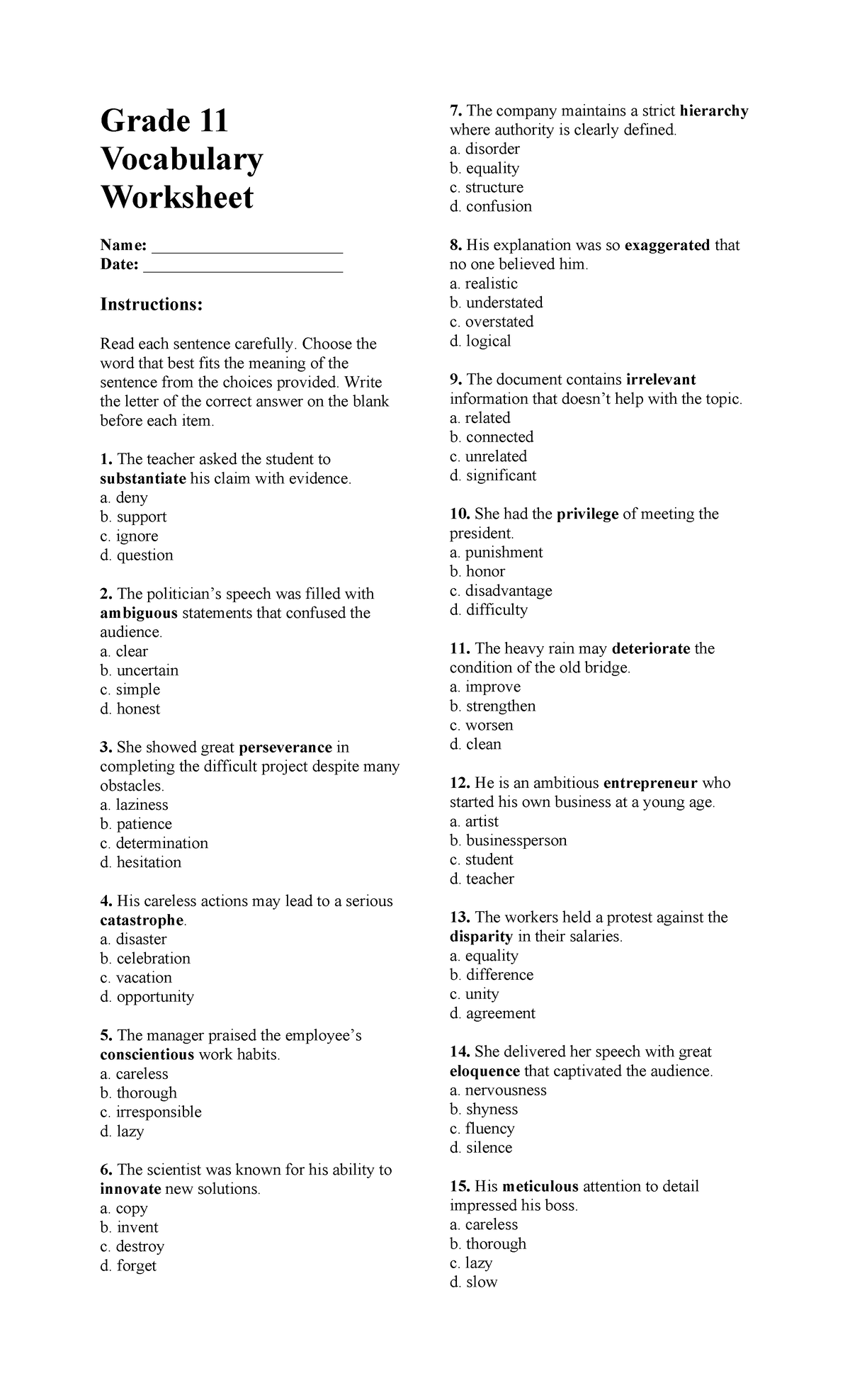 Grade 11 Vocabulary & Reading Comprehension Worksheet 7 - Studocu