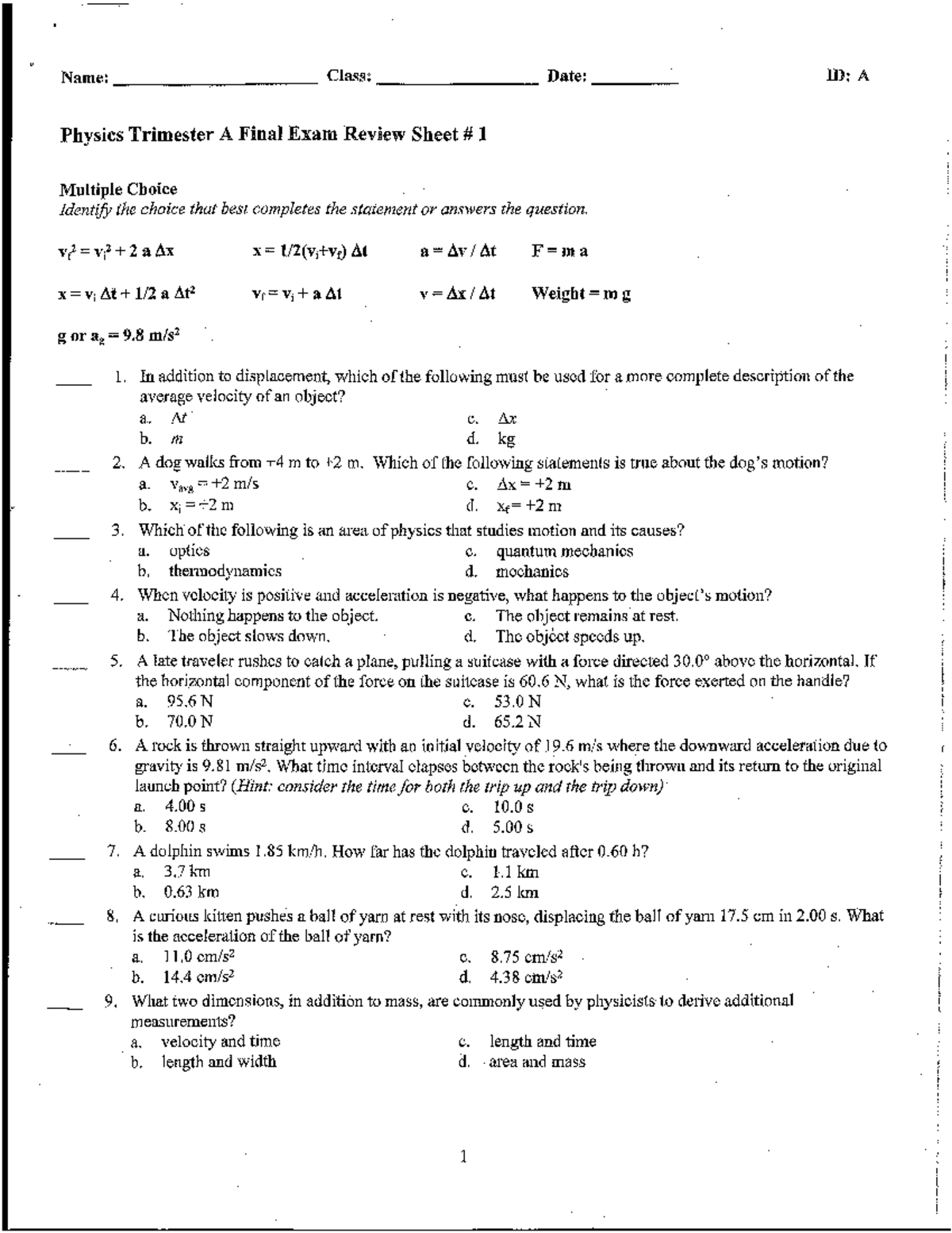 Physics A Trimester Final Exam Review Sheet 1 - Studocu