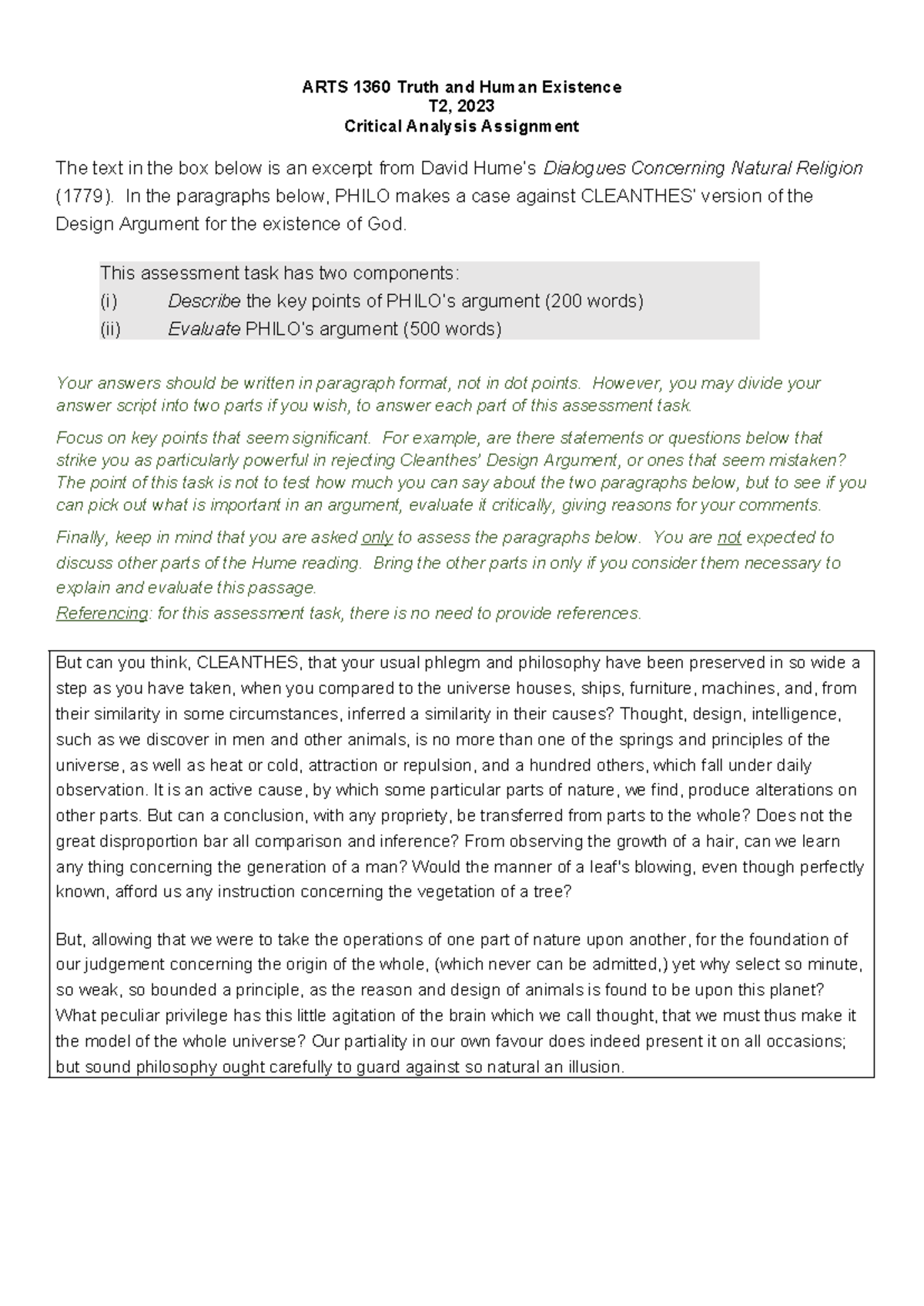 Critical Analysis Assignment: ARTS 1360 T2 2023 on Hume's Design ...