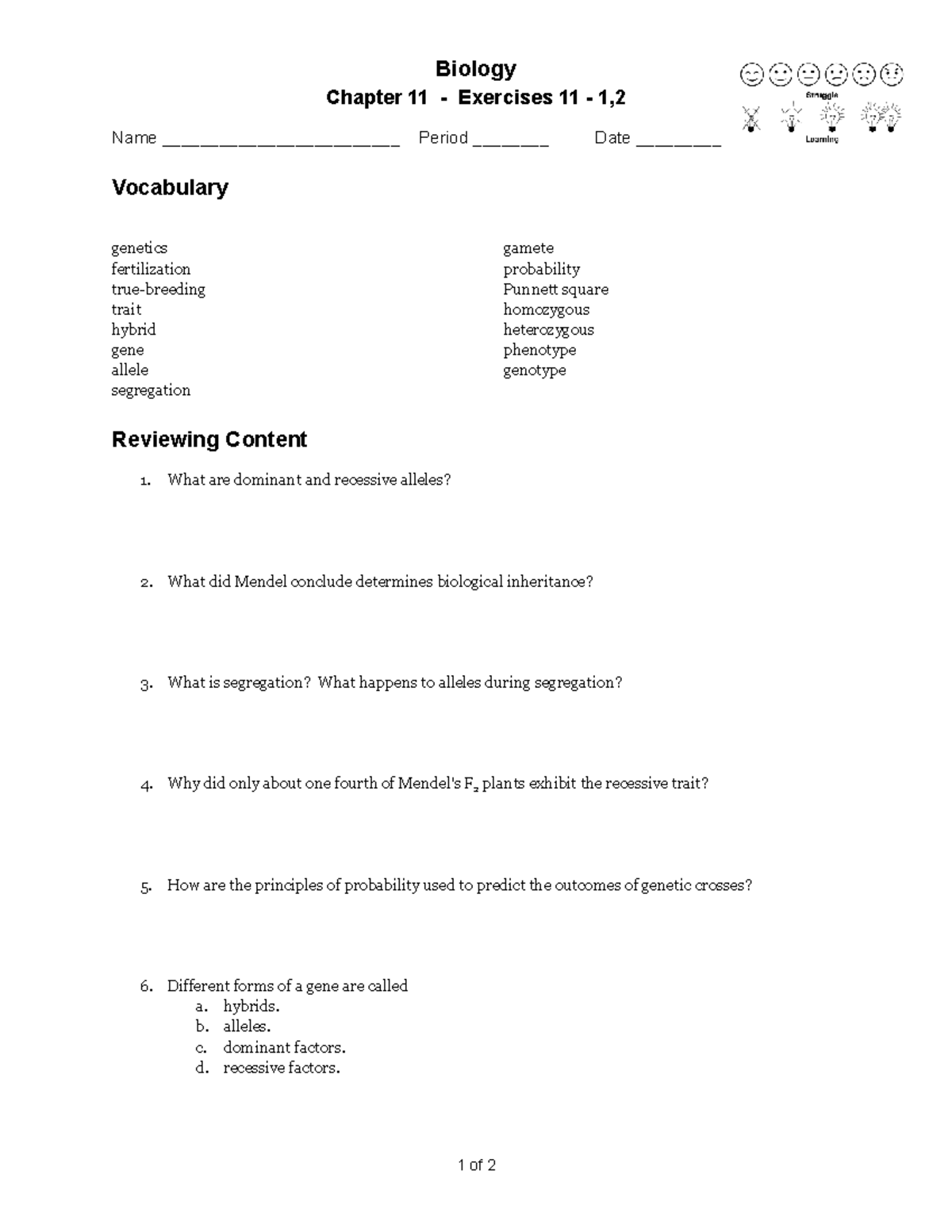 Biology - Chapter 11 Exercises 11.1 & 11.2 Review - Studocu