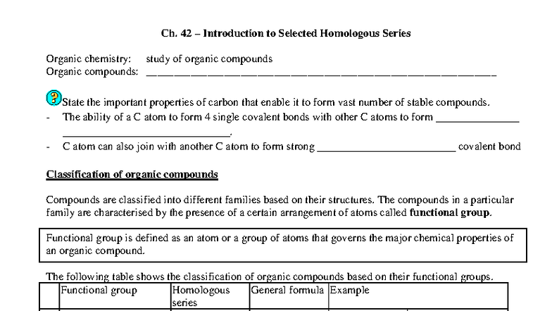 Ch. 42 Notes: Introduction to Selected Homologous Series in Organic ...
