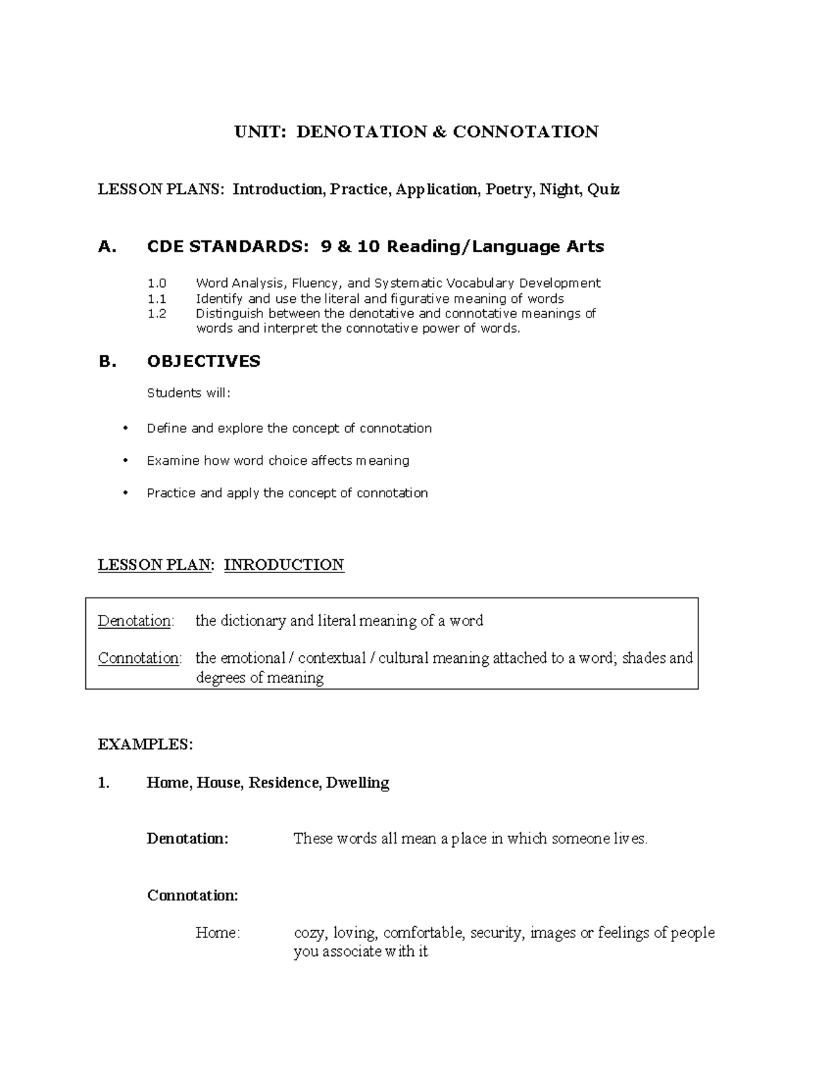 Denotation and Connotation: Lesson Plan & Quiz for Unit 9AB - Studocu