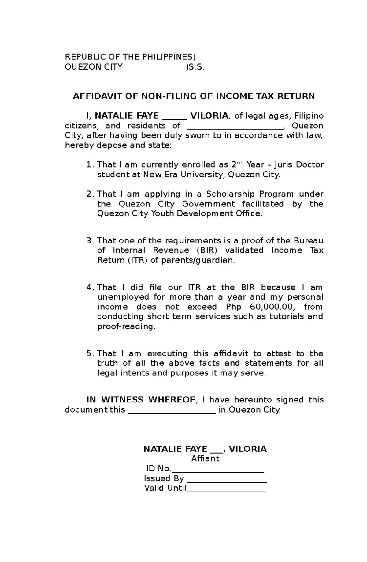 Affidavit of Non-Filing of Income Tax Return - Juris Doctor Student ...