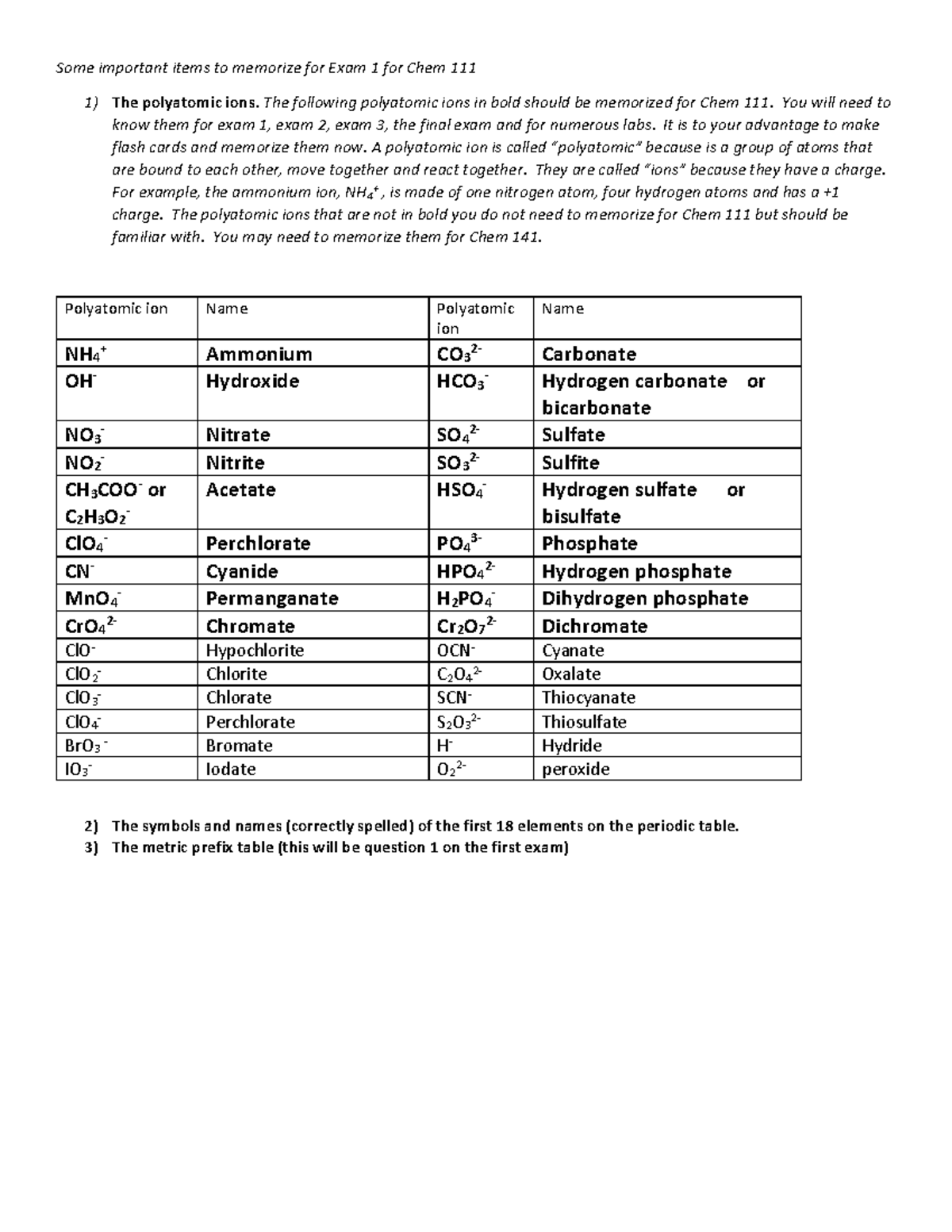 Memorization Guide for Exam 1: Chem 111 W22 Practice Problems - Studocu