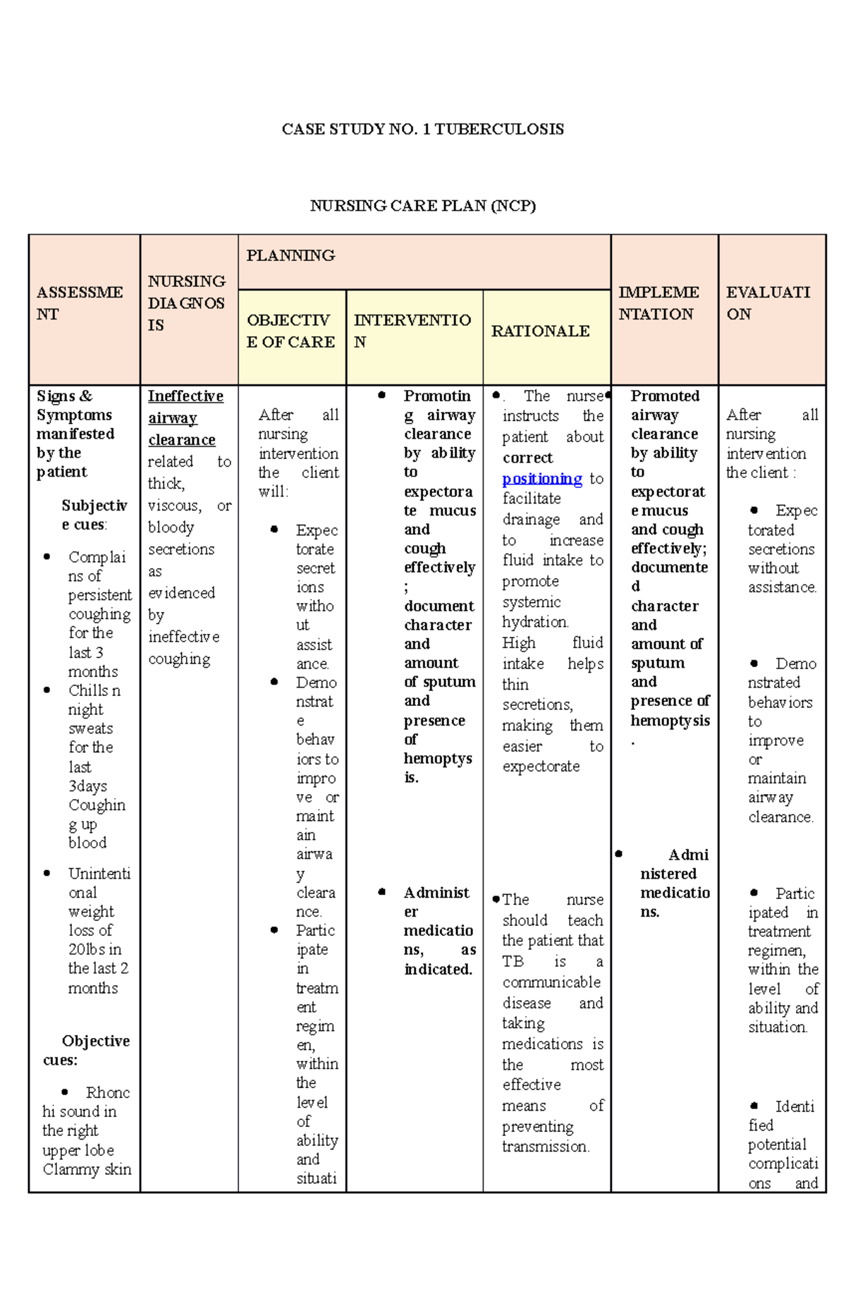 Tubercolosis- Nursing care plan - CASE STUDY NO. 1 TUBERCULOSIS NURSING ...