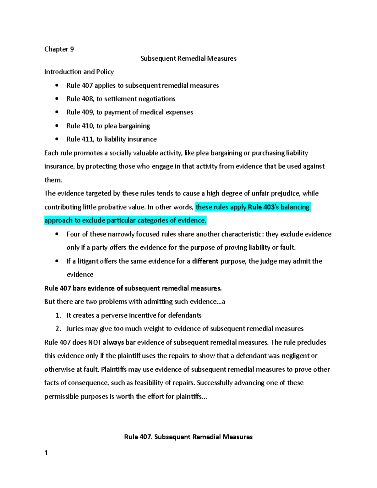 Evidence Outline - Chapter 9 Subsequent Remedial Measures Introduction ...