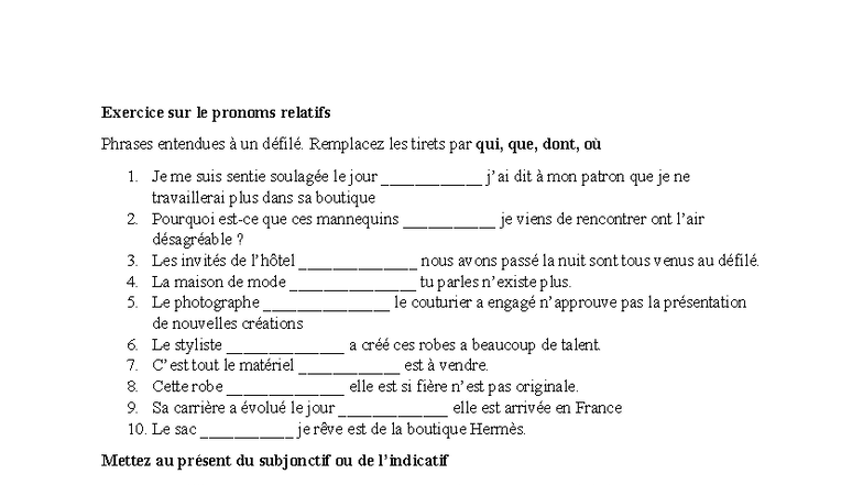 601 - Exercices pratiques sur le Subjonctif et Pronoms Relatifs - Studocu